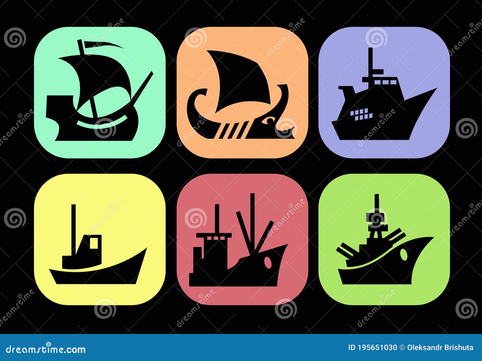 In the Sea. Icons with Images of Various Ships Stock Vector ...
