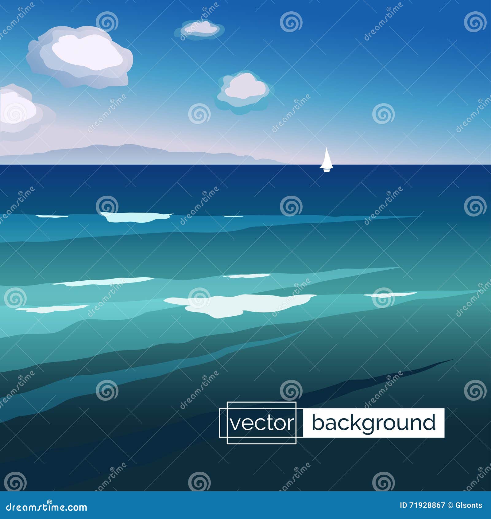 Sea Landscape with Waves, Boat, Mountains and Clouds Stock Vector ...