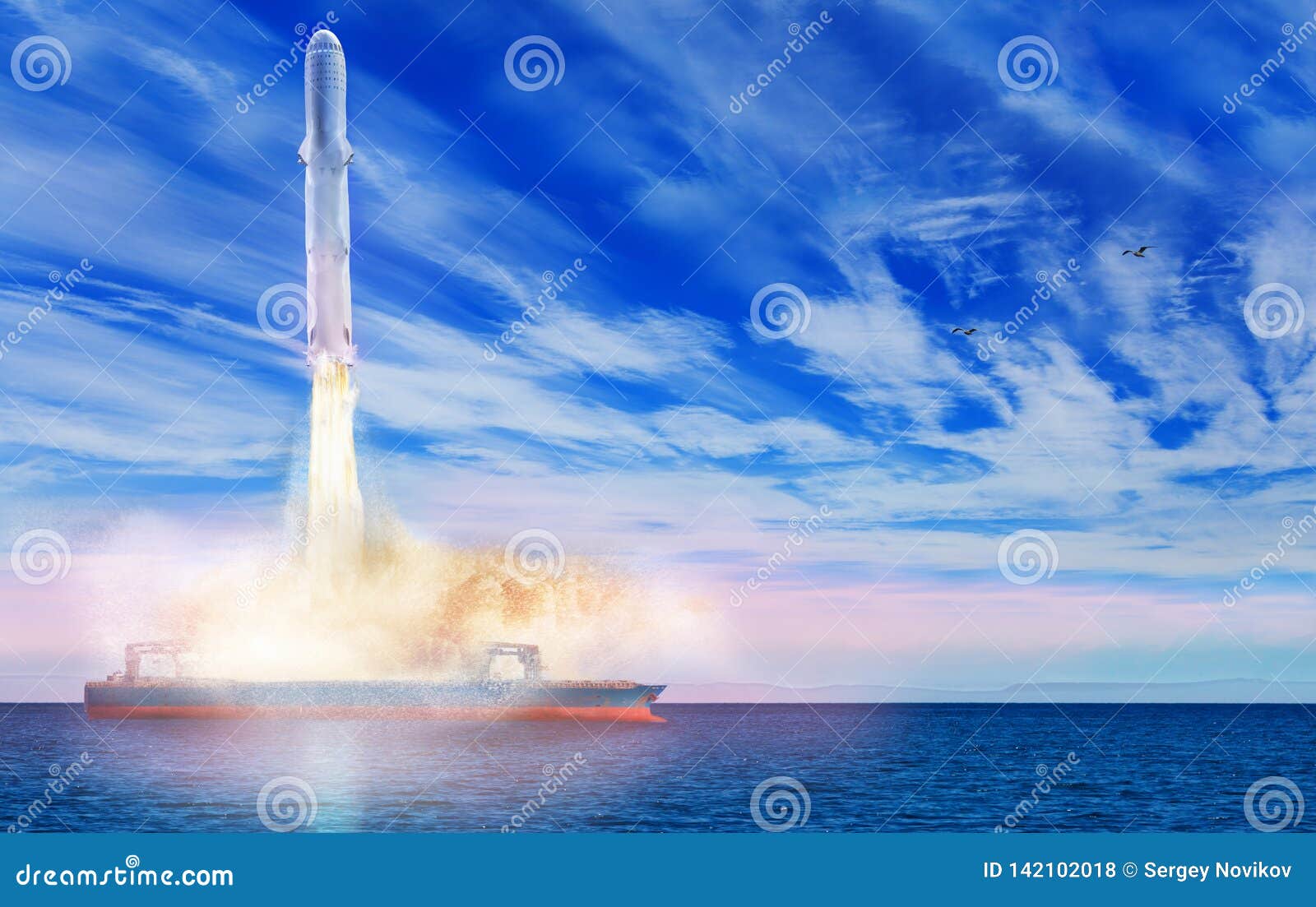 Sea Launch Liftoff of the Space Rocket from Ship Stock Illustration ...