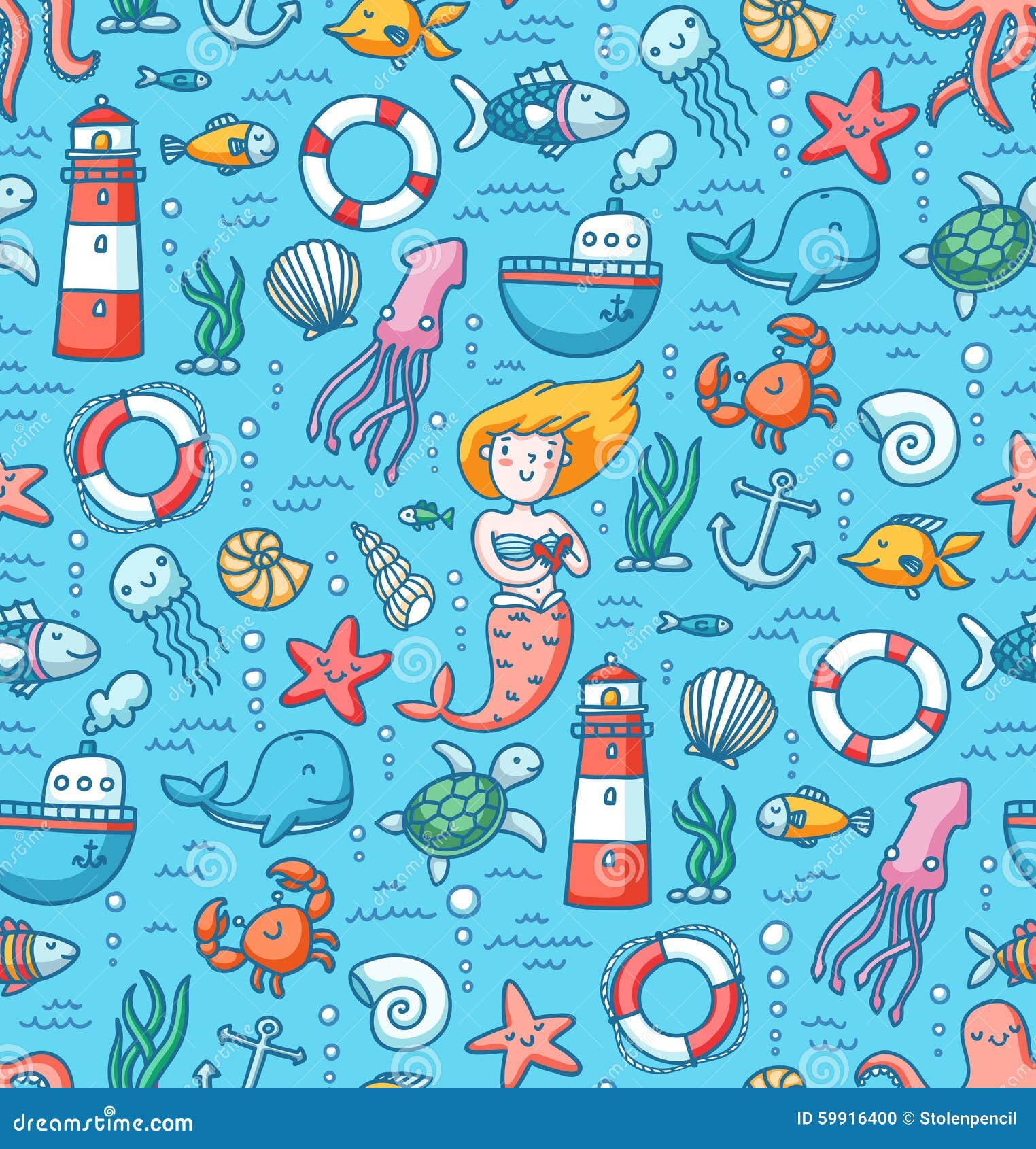 Sea Life Colorful Vector Seamless Pattern Stock Vector - Illustration ...