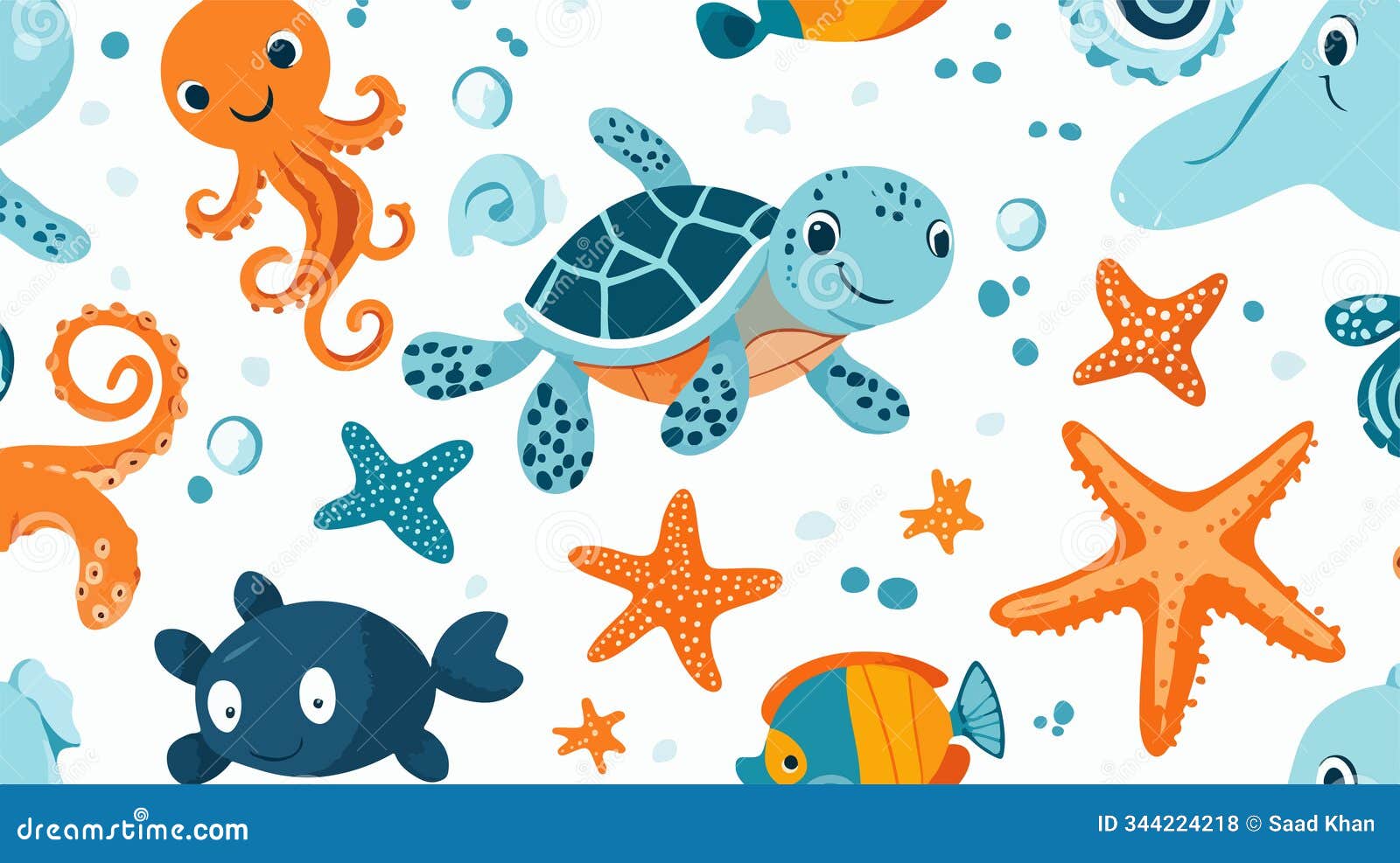 Sea Life Seamless Pattern Repeating Image with Marine Animals Stock ...