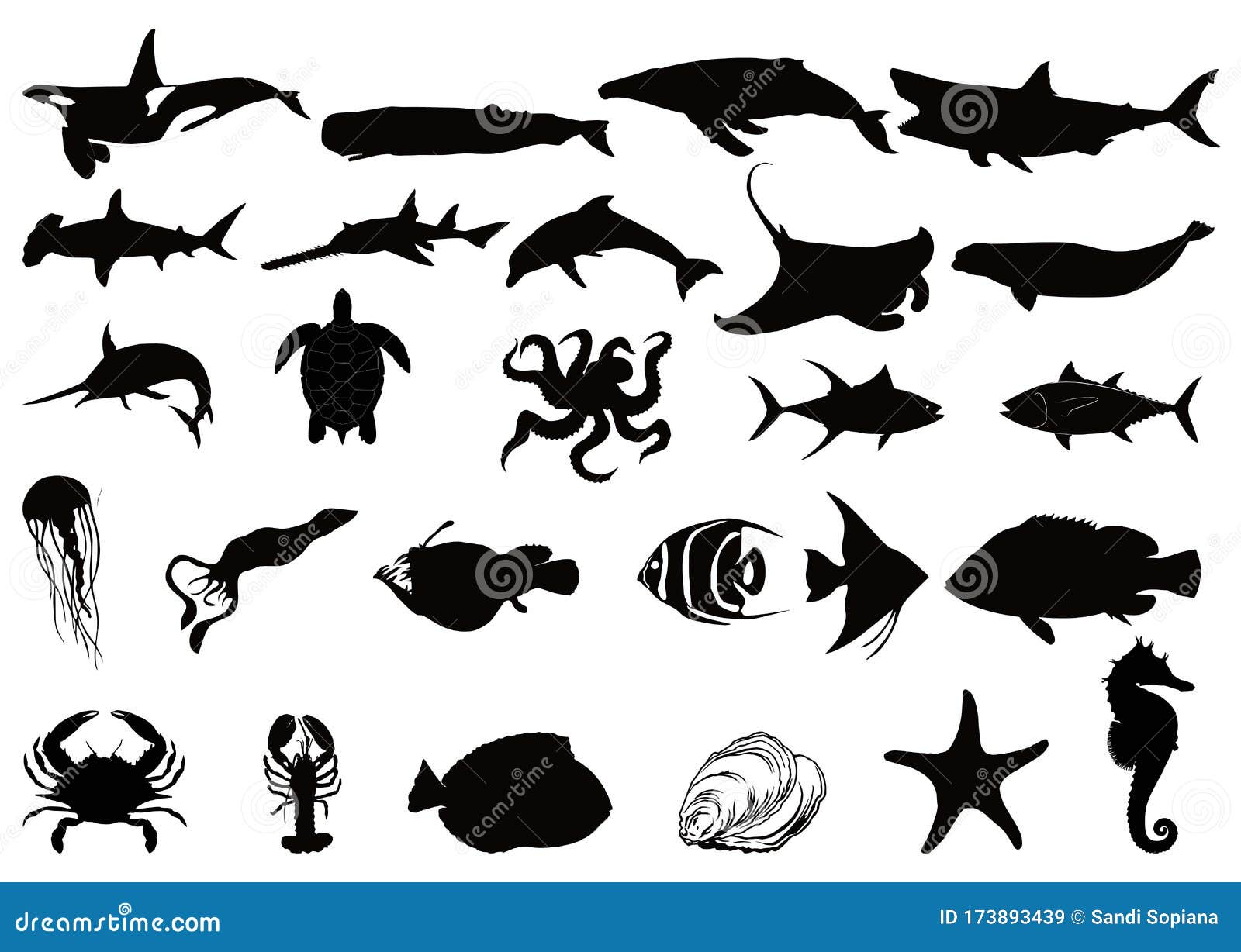 Sea Life Vector Silhouette Isolated on White Background Stock Vector ...