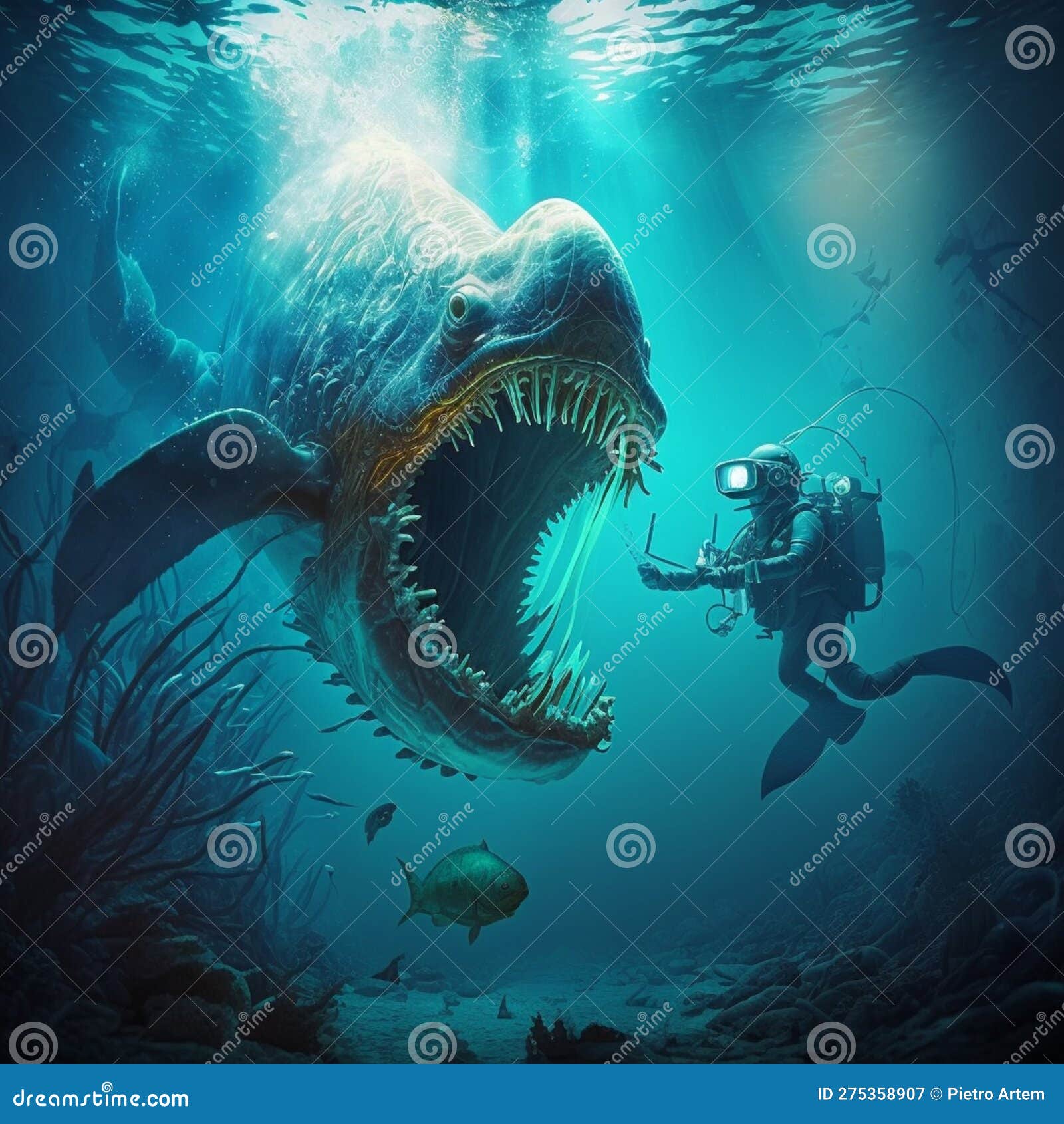 Sea Monster Attacks Diver, Fantasy Underwater Scene. Stock Illustration ...