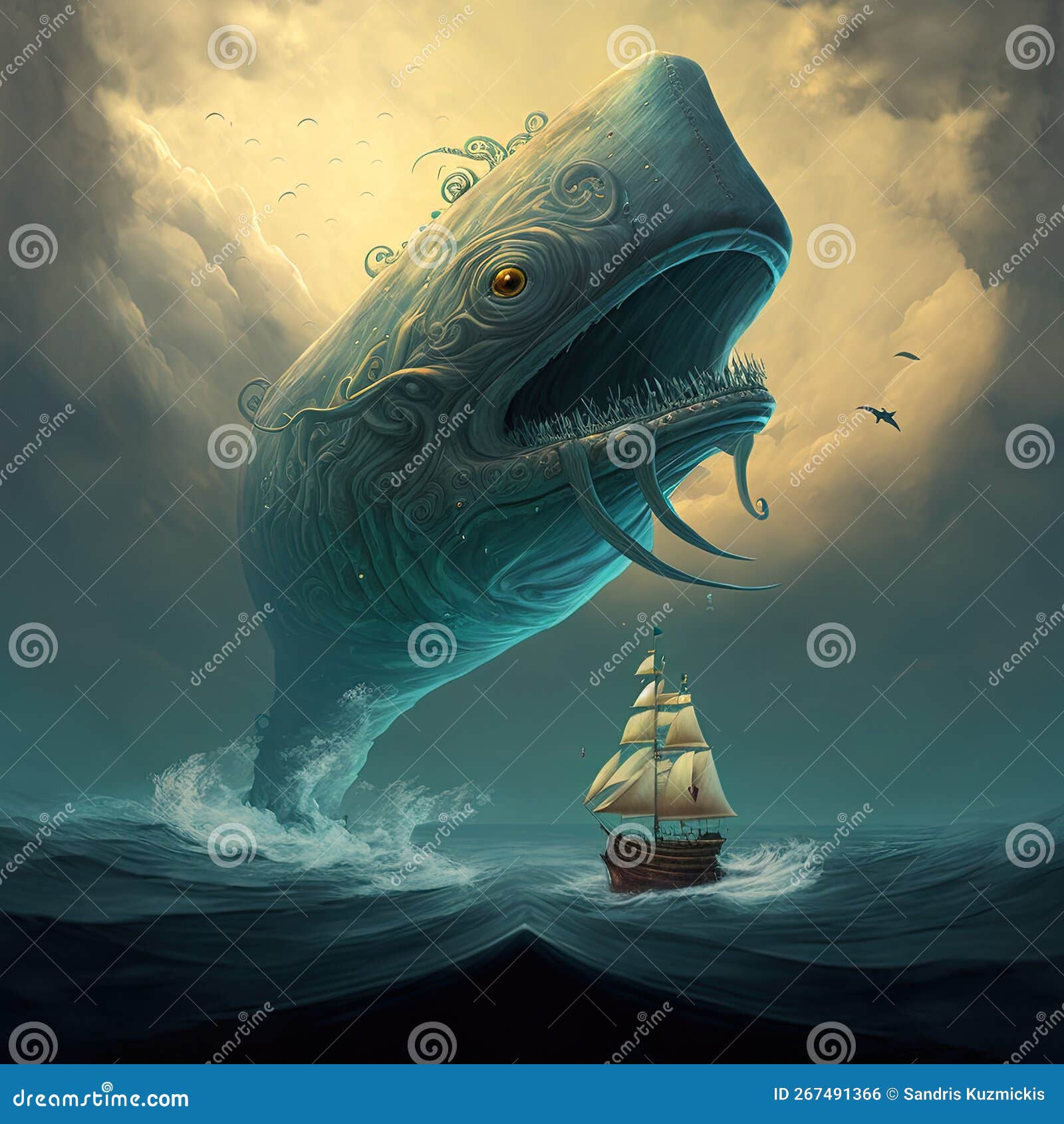 A Sea Monster Chasing Small Ship in an Ocean. Generative AI Stock ...