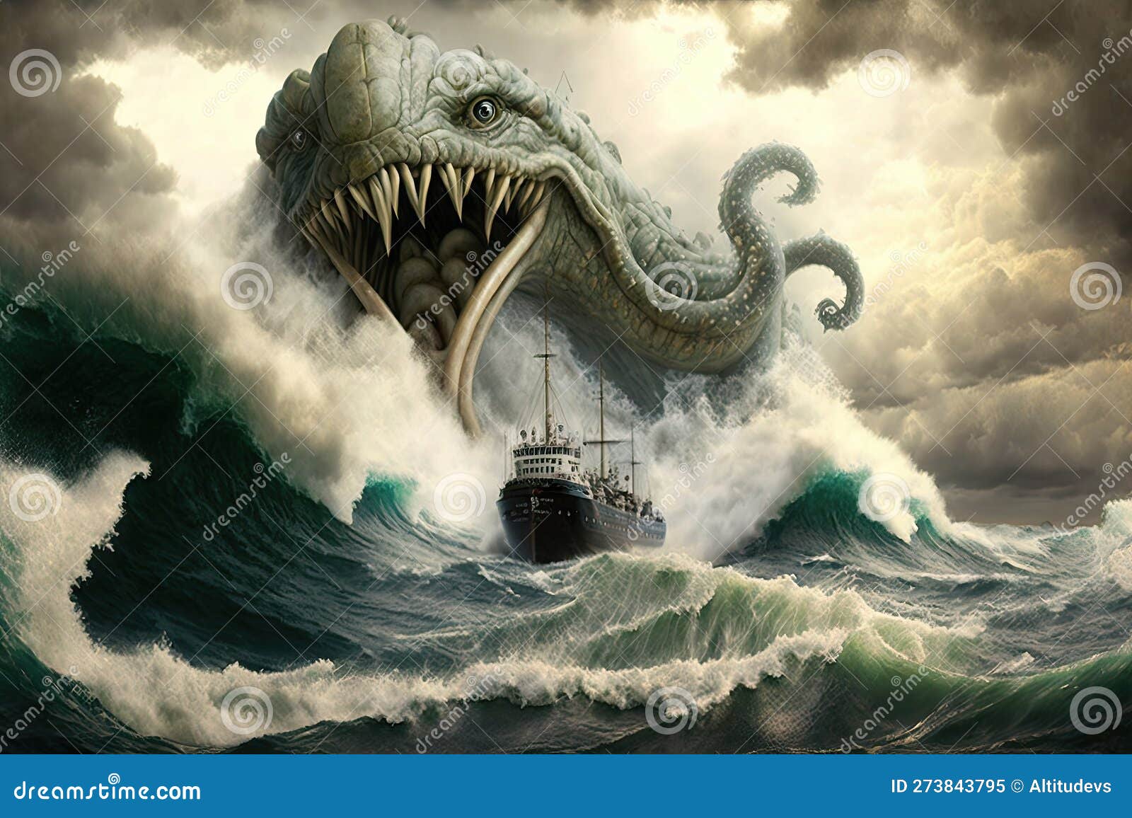 A Sea Monster Emerging from the Waves, with a Ship in the Background ...