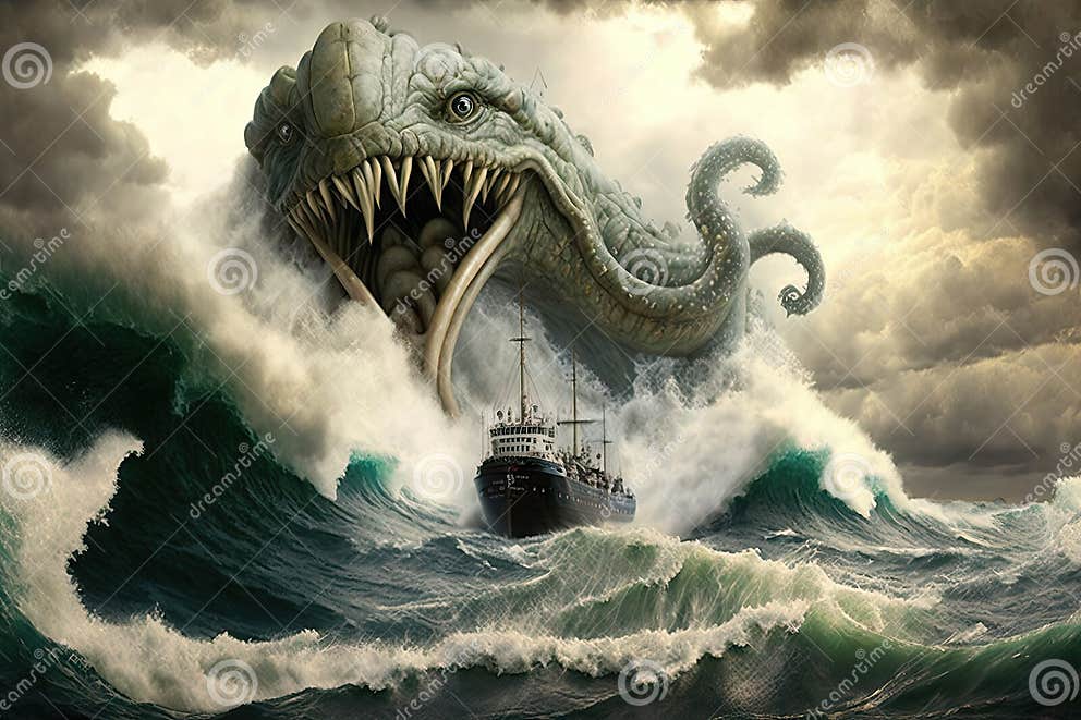 A Sea Monster Emerging from the Waves, with a Ship in the Background ...