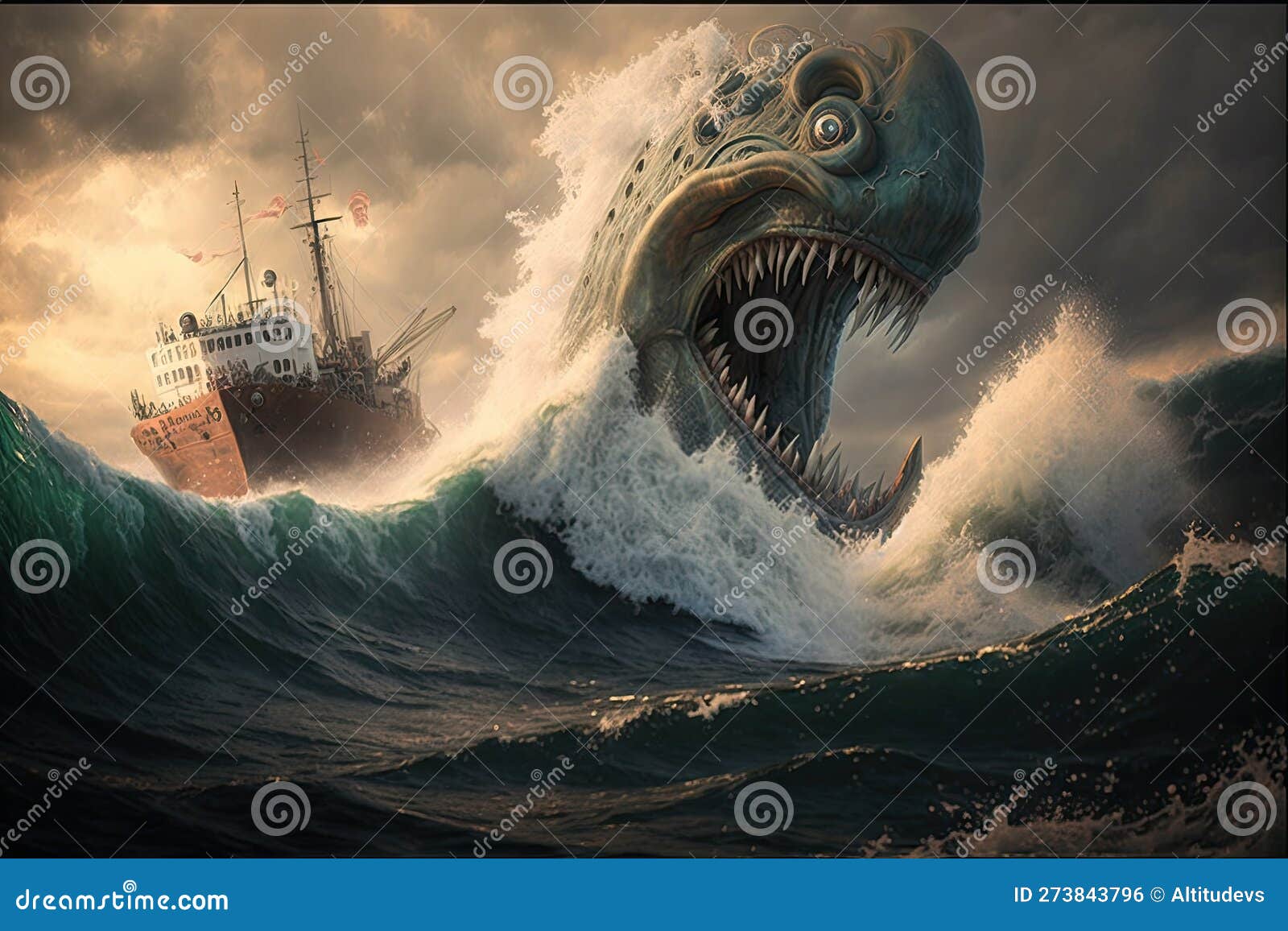 A Sea Monster Emerging from the Waves, with a Ship in the Background ...