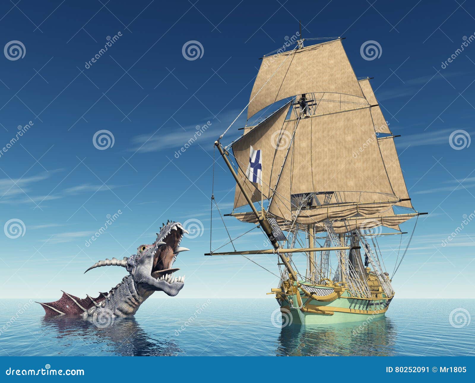 Sea Monster and Sailing Ship Stock Illustration - Illustration of blue ...