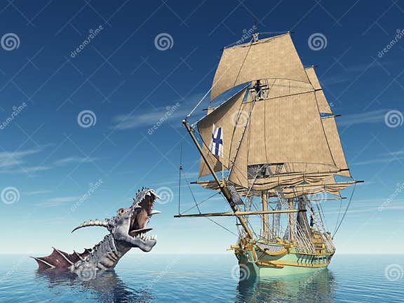 Sea Monster and Sailing Ship Stock Illustration - Illustration of blue ...