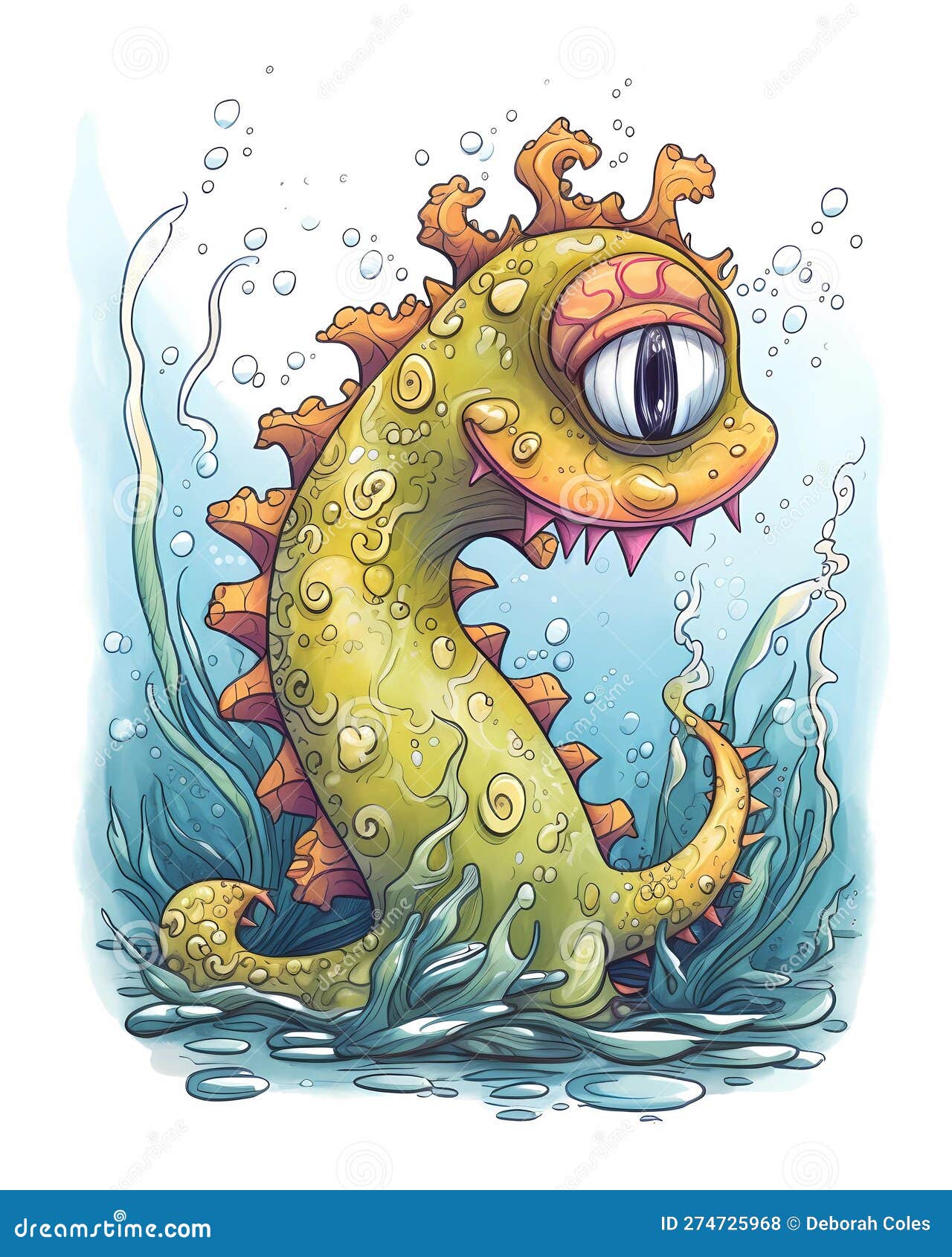Ugly but Cute Cartoon Sea Monster, Water Color Childrens Illustration ...