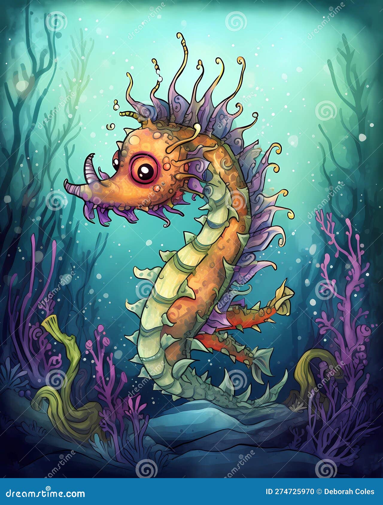 Ugly But Cute Cartoon Sea Monster, Water Color Childrens Illustration ...