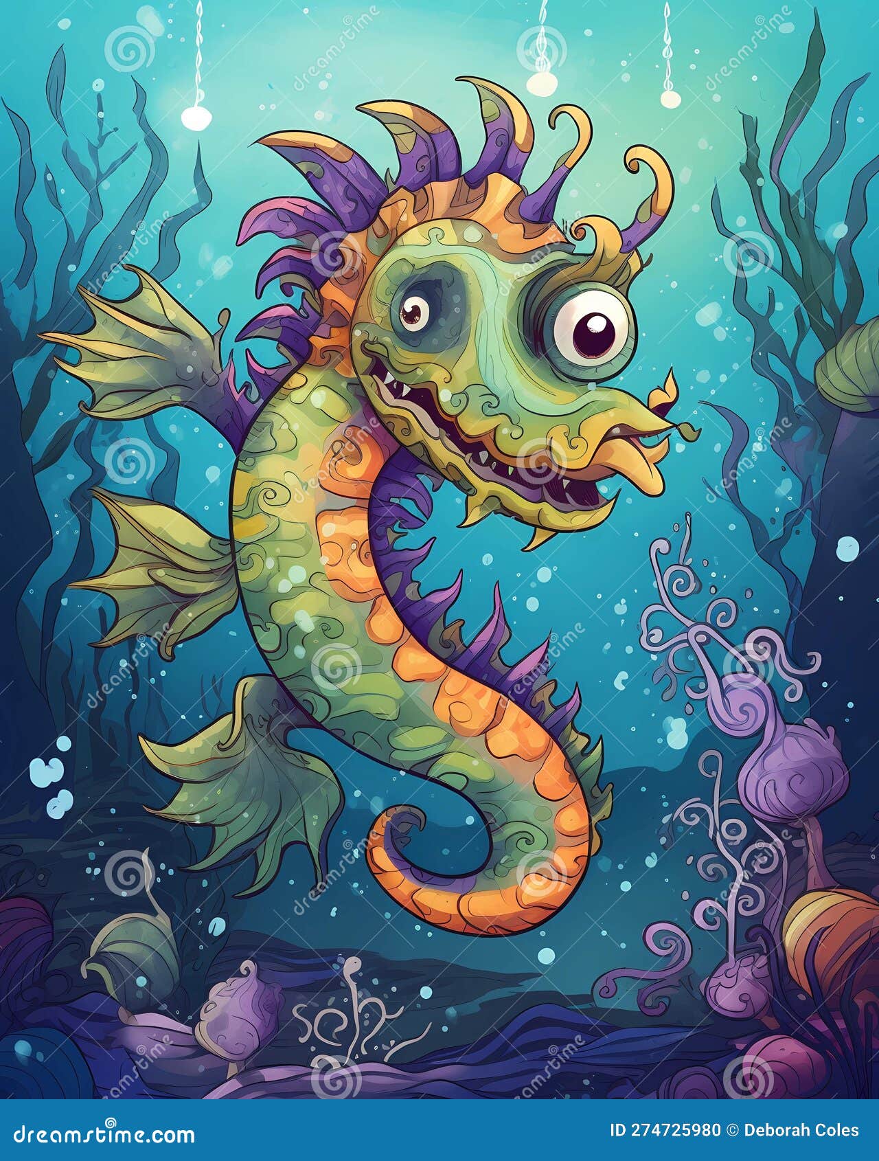 Ugly but Cute Cartoon Sea Monster, Water Color Childrens Illustration ...