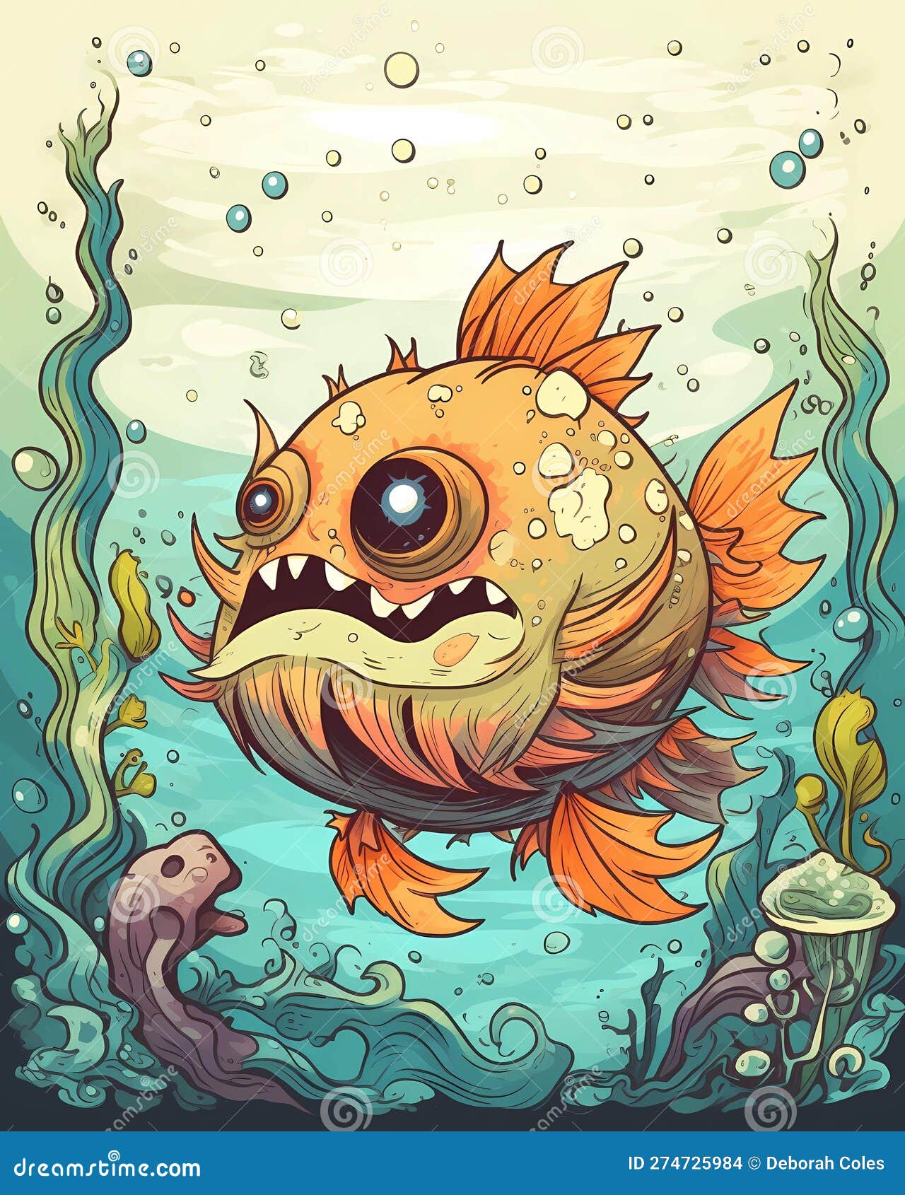 Ugly but Cute Cartoon Sea Monster, Water Color Childrens Illustration ...