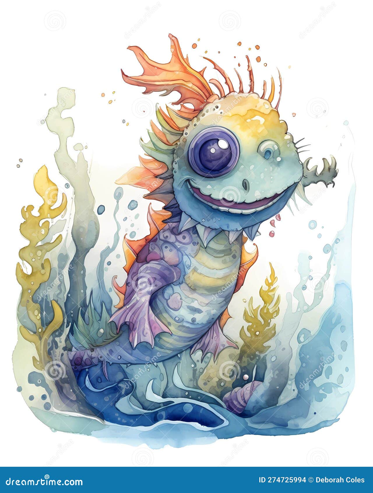 Ugly but Cute Cartoon Sea Monster, Water Color Childrens Illustration ...