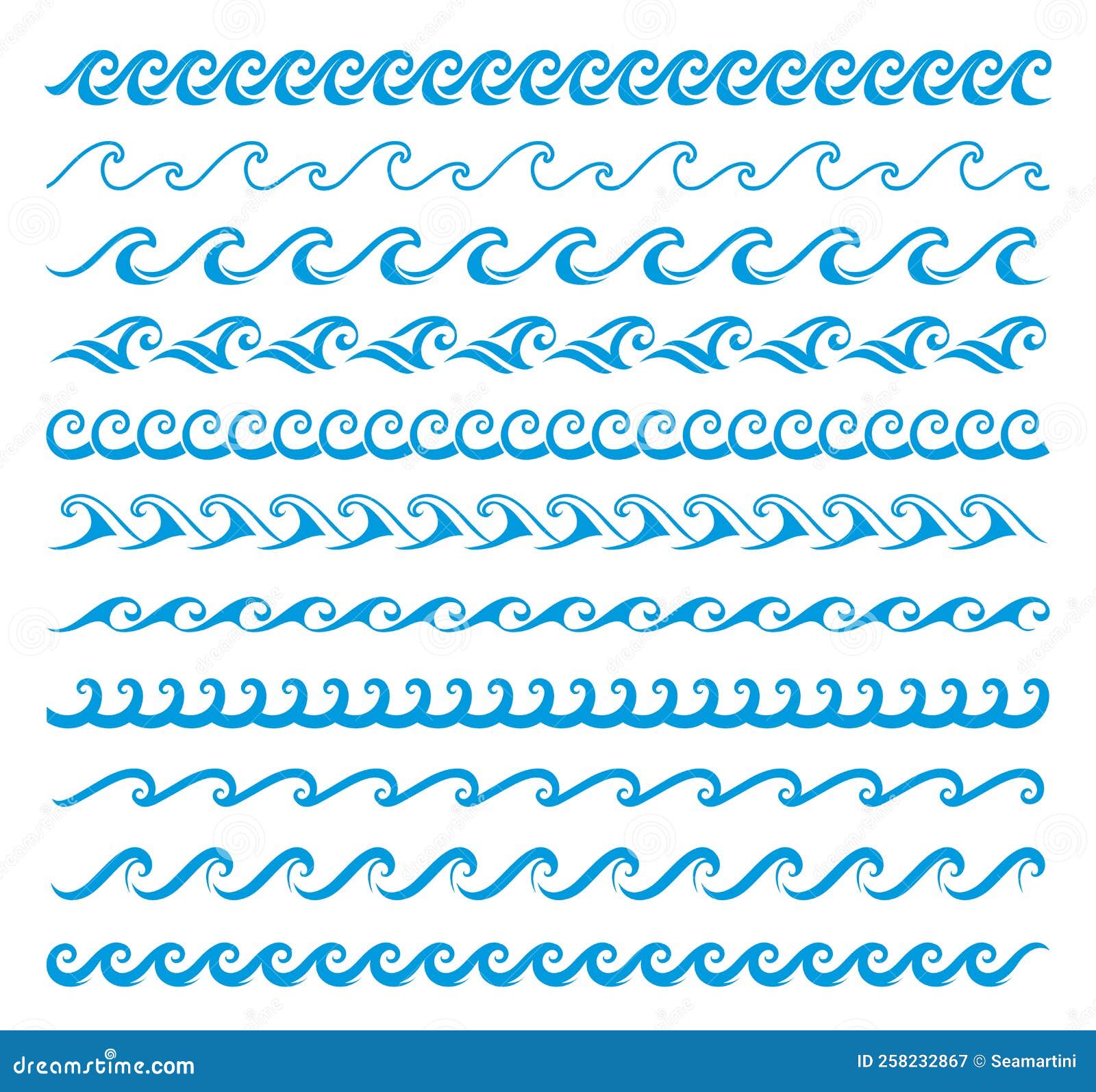 Sea and Ocean Surf Wave Lines, Blue Water Borders Stock Vector ...