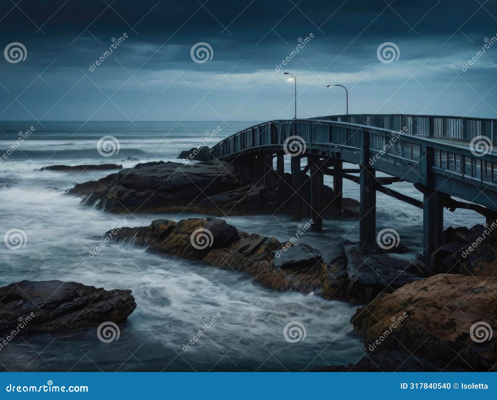 Sea or Ocean Waves. Harsh Landscape with Bridge Stock Photo - Image of ...