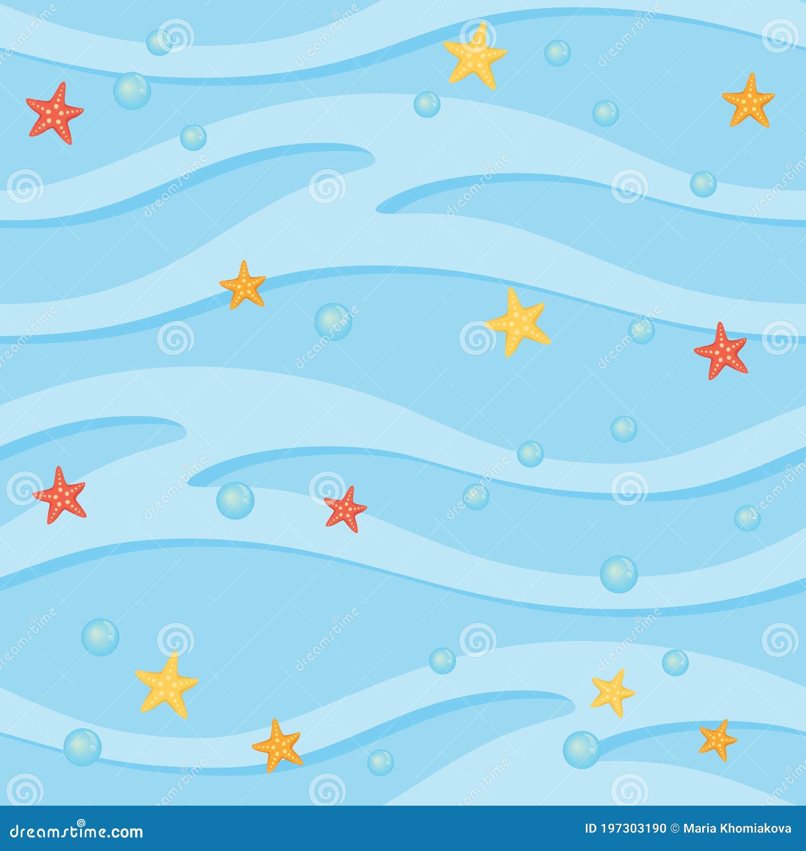 Sea Pattern with Waves, Stars and Bubbles Stock Illustration ...