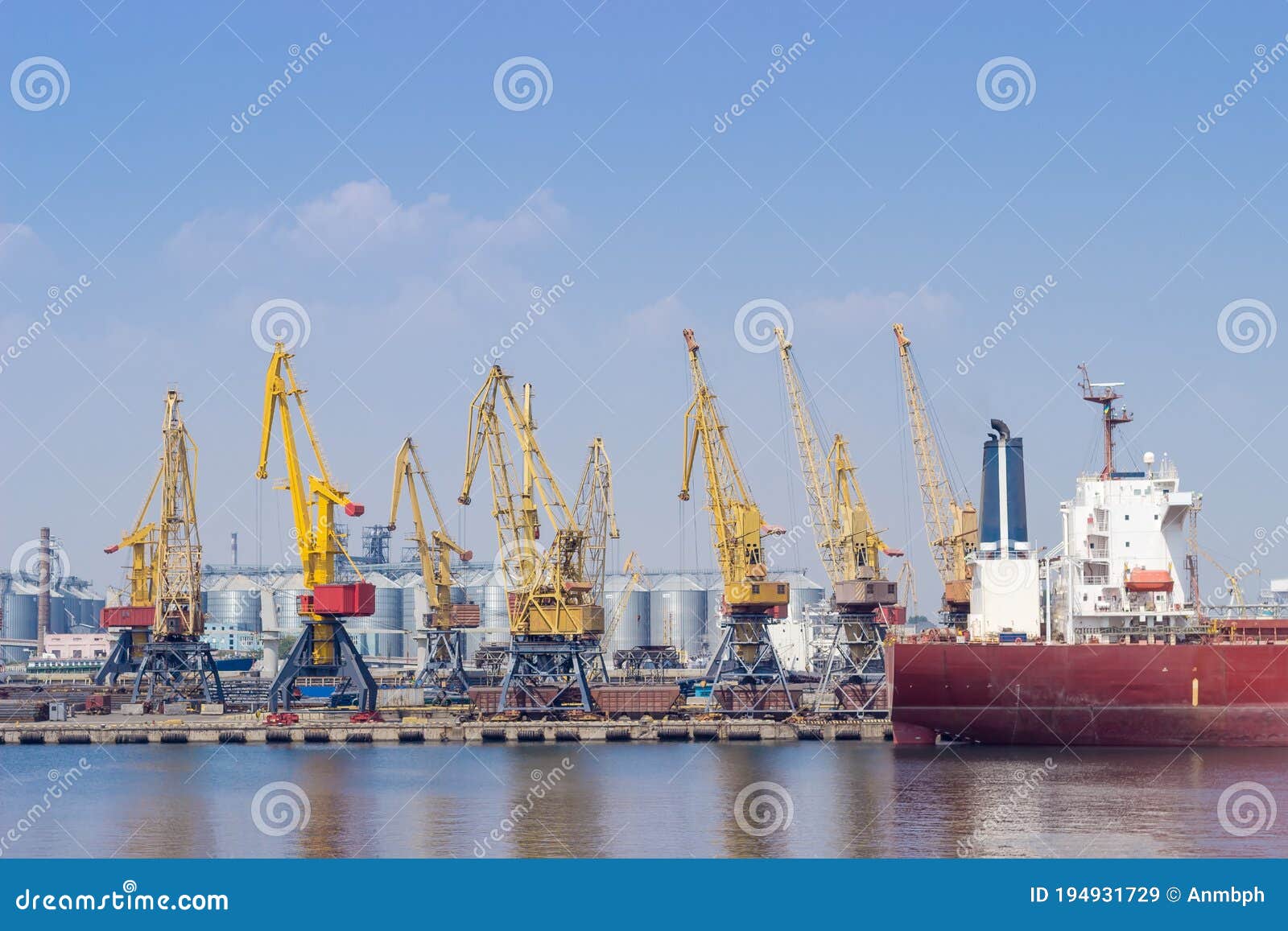 Sea Port with Dry Cargo and Grain Terminals, Harbor Cranes Stock Image ...
