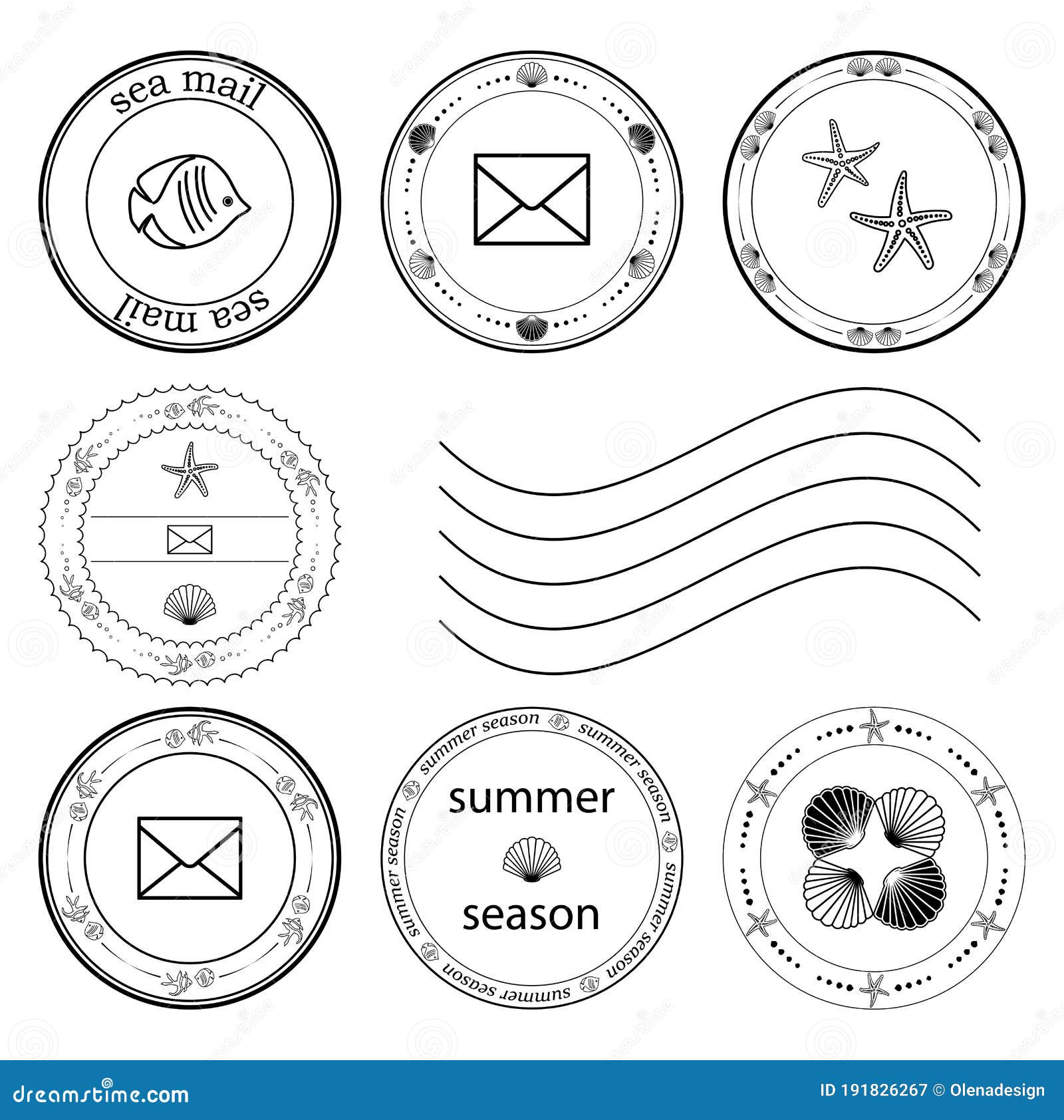 Sea Postage Stamps with Fish and Shells and Starfish - Vector Set Stock ...