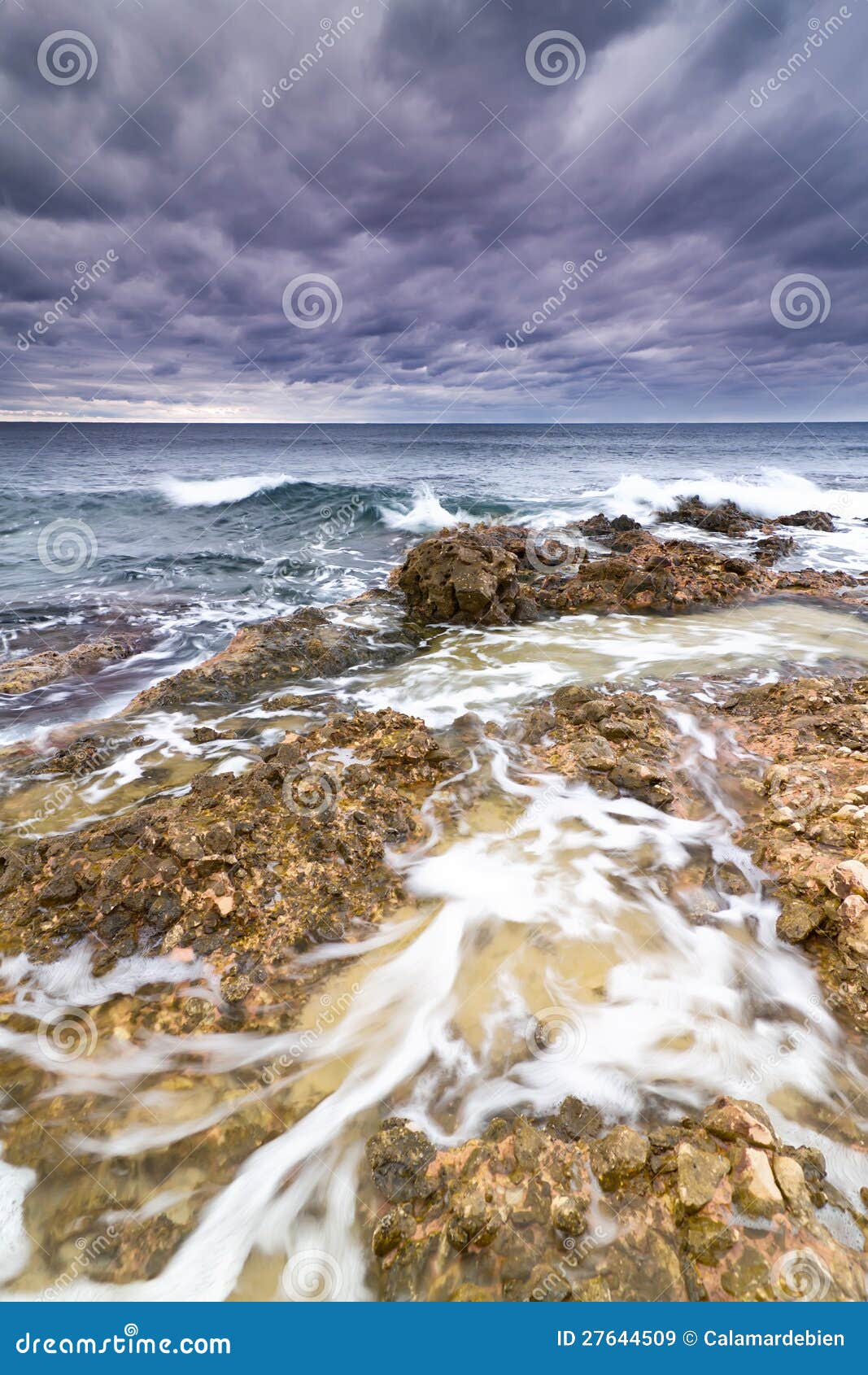 Sea, Rocks and Foam Under a Stormy Sky. Stock Image - Image of dark ...