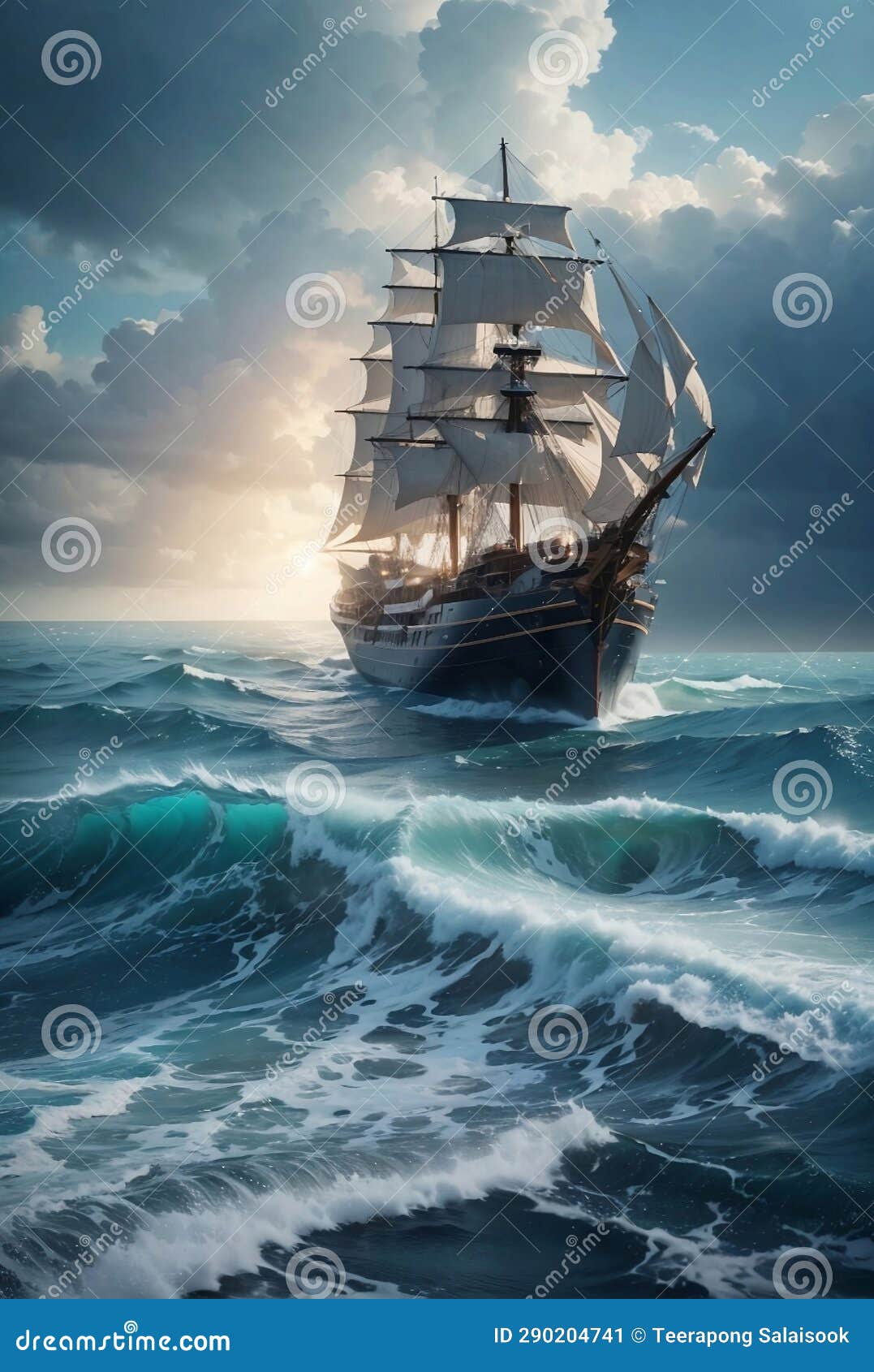 The Sea and a Sailing Ship with Mystical Nature Background Stock ...