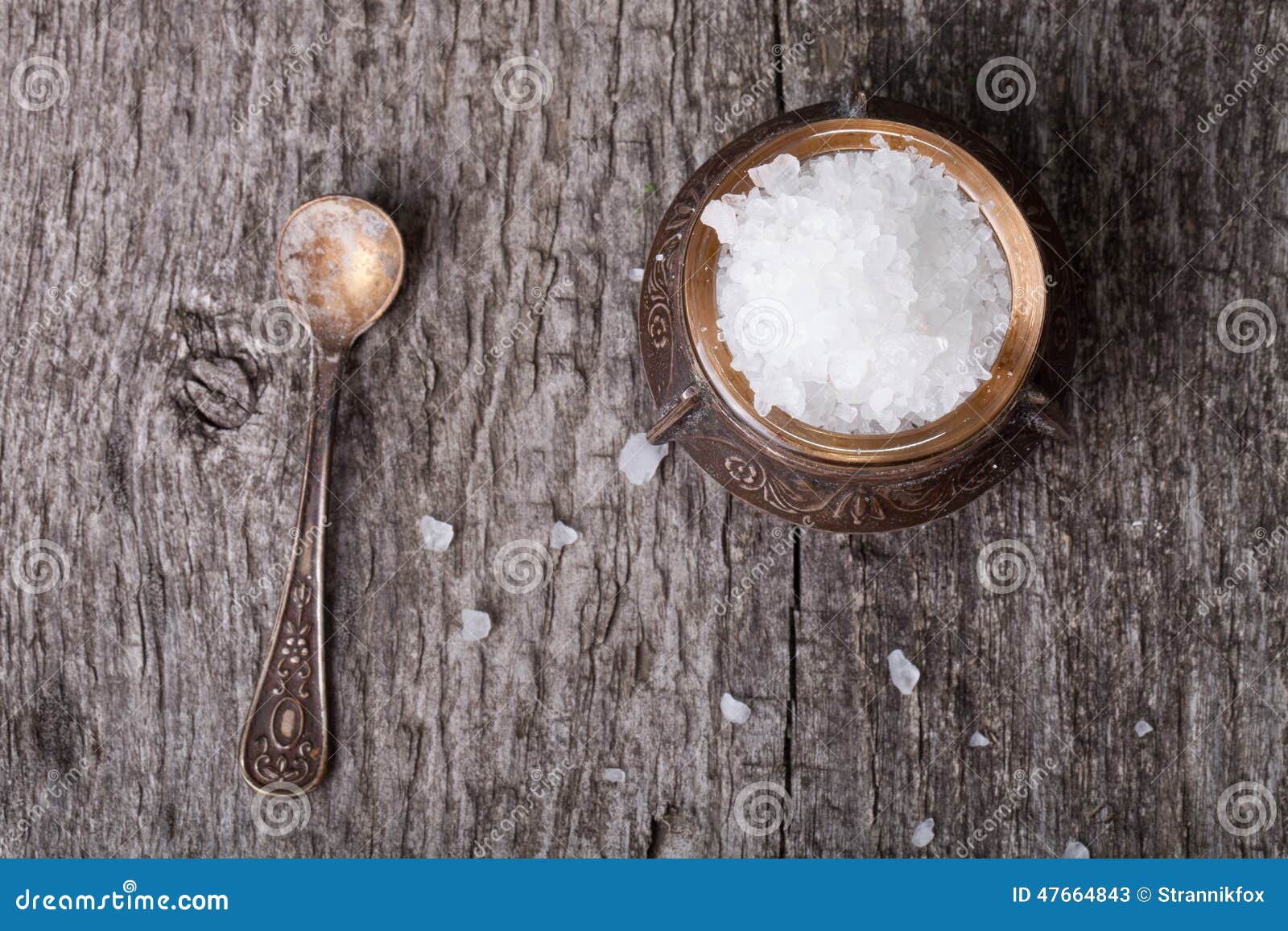 Sea Salt in an Old Utensils and a Small Spoon on a Wooden Table Stock ...