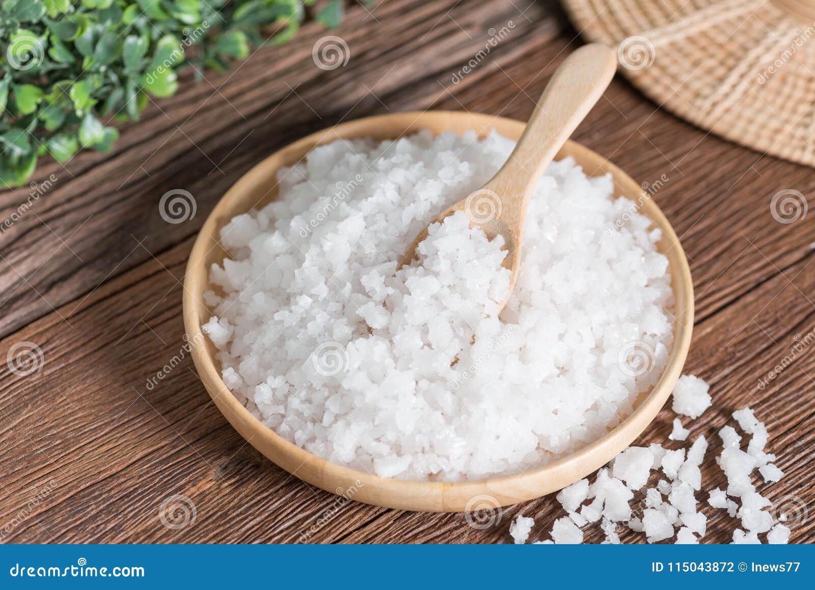 Sea salt in wood plate. stock photo. Image of background - 115043872