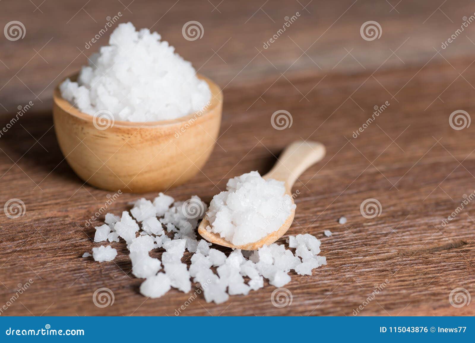 Sea Salt in Wood Spoon and Bowl. Stock Photo - Image of salt, granular ...
