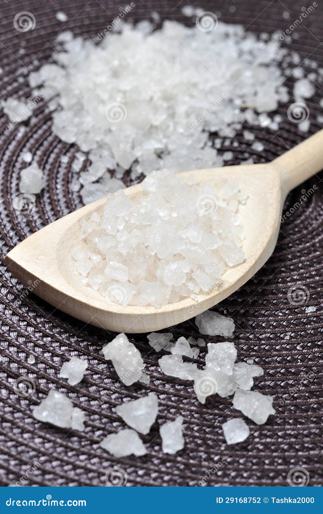 Sea salt in a wooden spoon stock photo. Image of closeup - 29168752