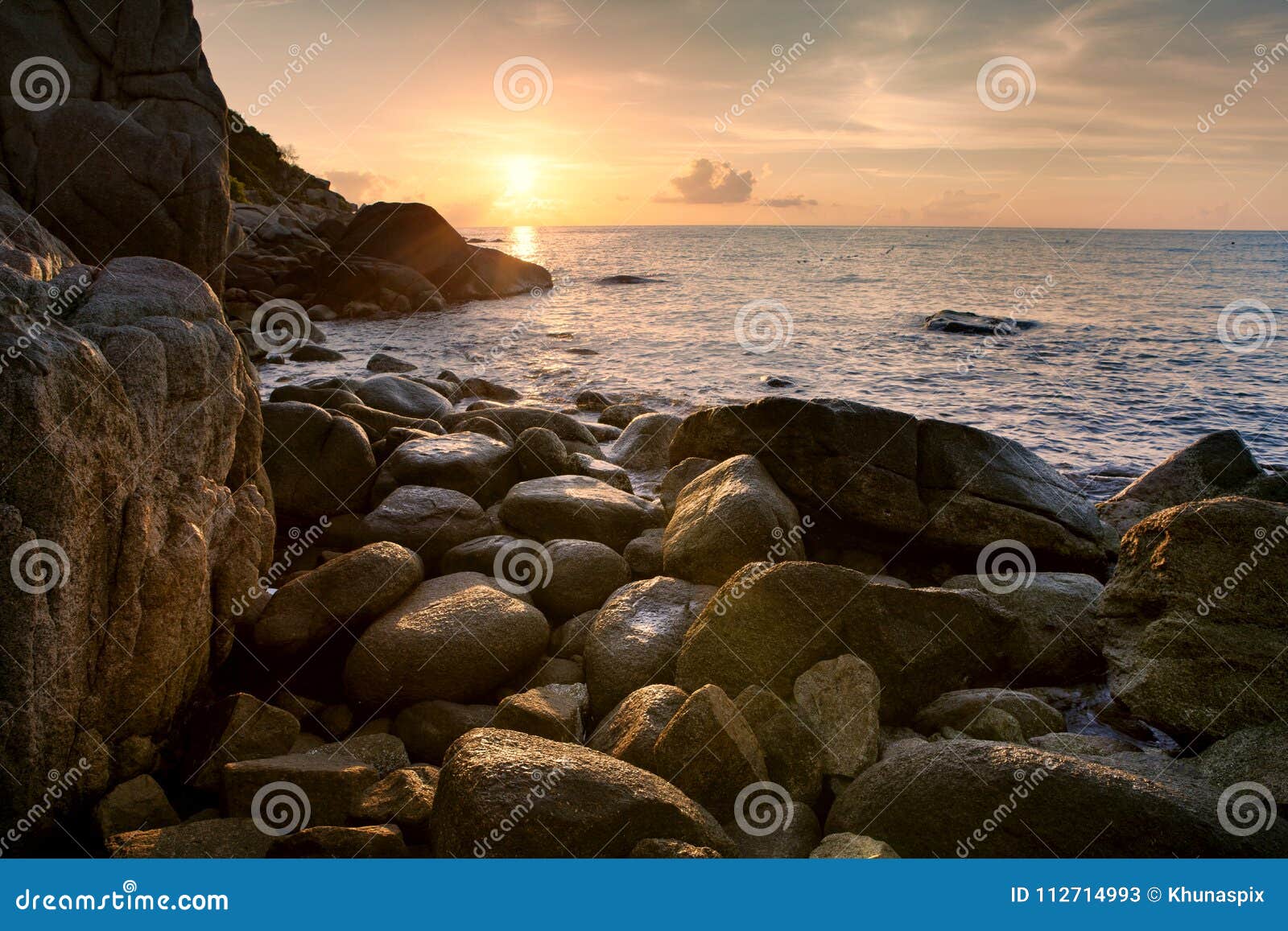 Sea Scape Sun Rising Sky on Abandoned Rock Beach Stock Image - Image of ...