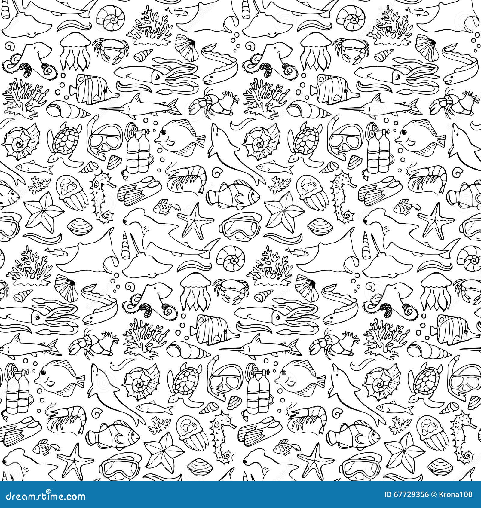 Sea Seamless Doodle Pattern Stock Vector - Illustration of diving, fish ...