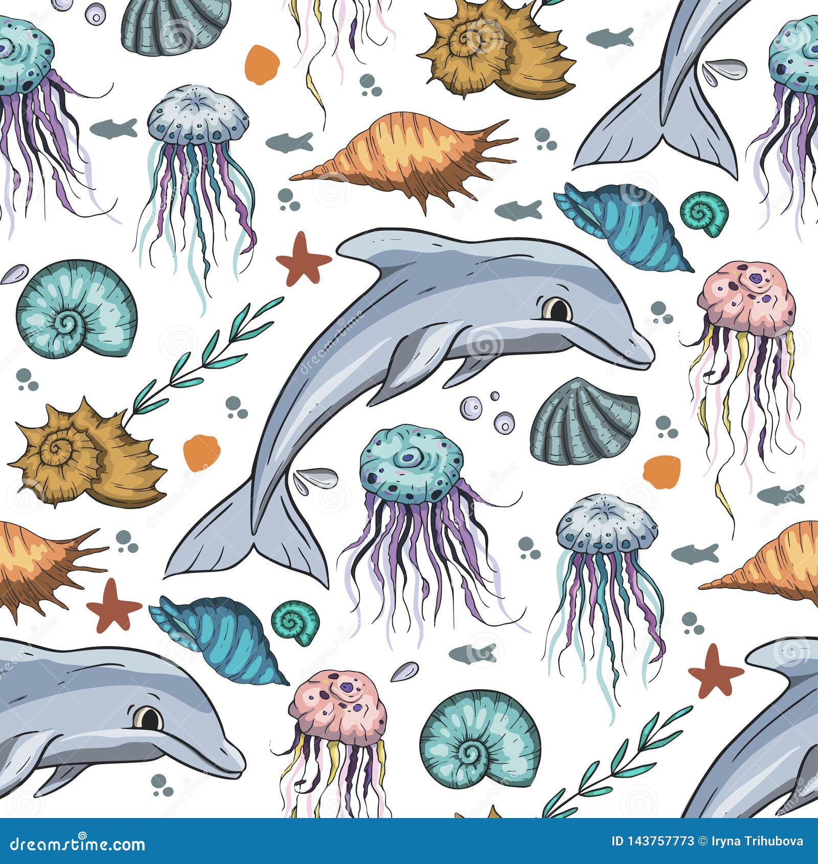 Sea Seamless Vector Pattern. Stock Vector - Illustration of print, hand ...