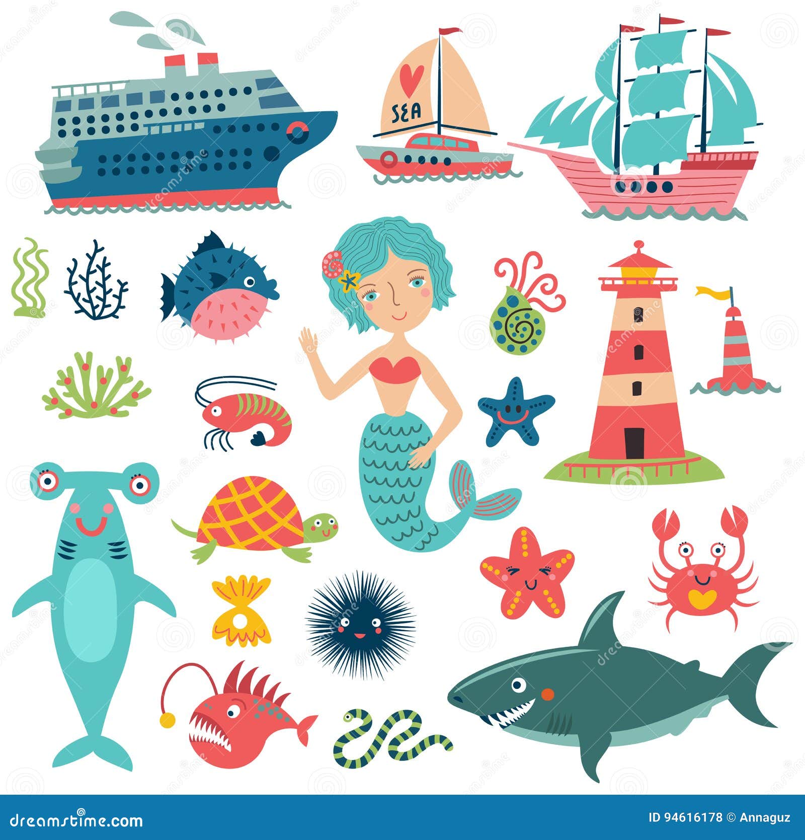Sea Set Characters Collection Stock Vector - Illustration of animal ...