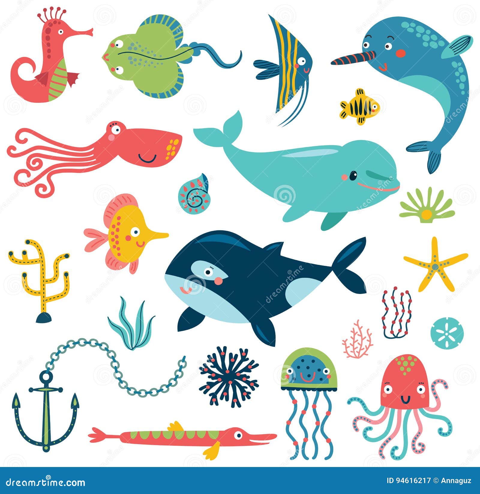 Sea Set Characters Collection Vector Stock Vector - Illustration of ...