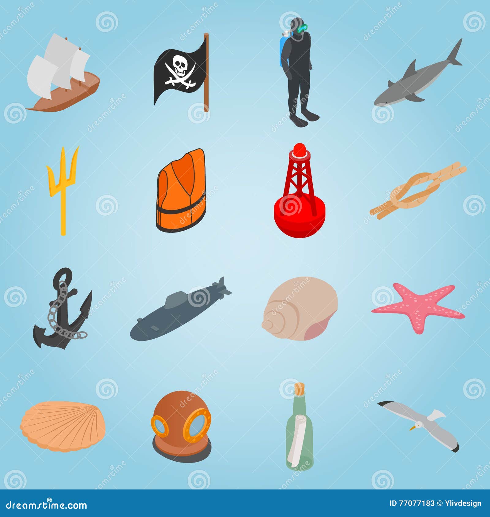 Sea Set Icons, Isometric 3d Style Stock Vector - Illustration of shape ...