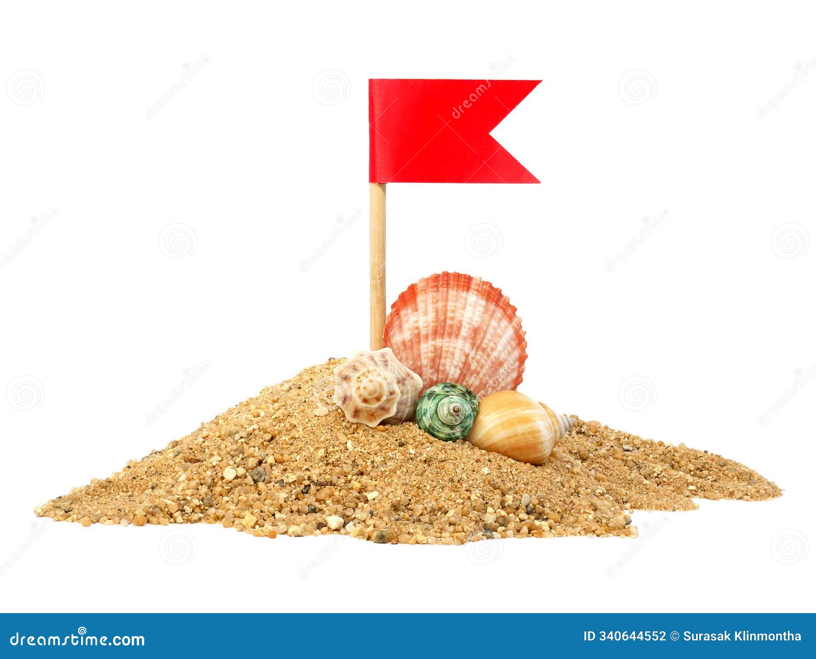 Sea Shell and Flag in Sand Pile Isolated on White Background, Side View ...