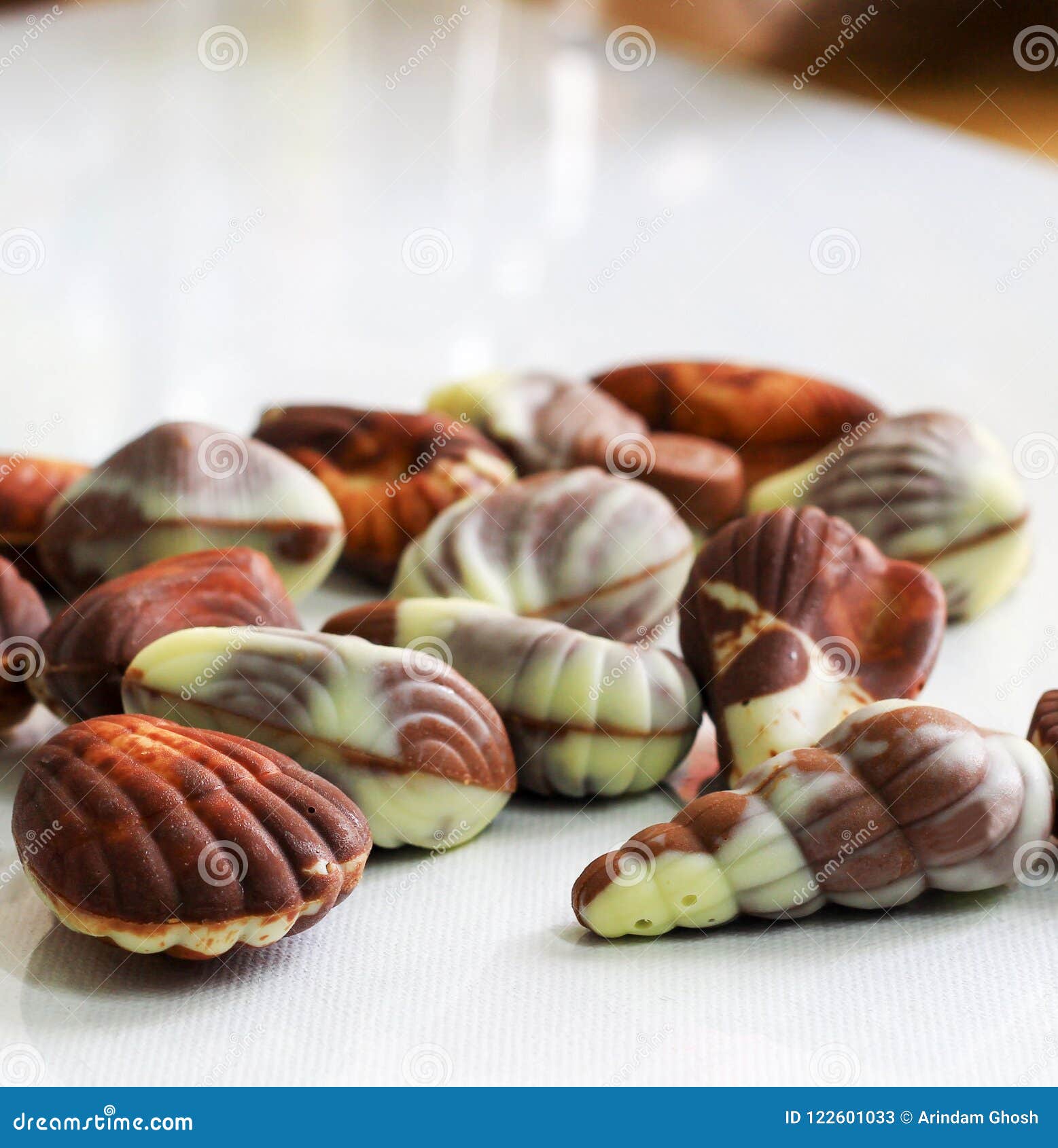 Sea Shell Shaped Assorted Belgian Chocolates in White Background.close ...