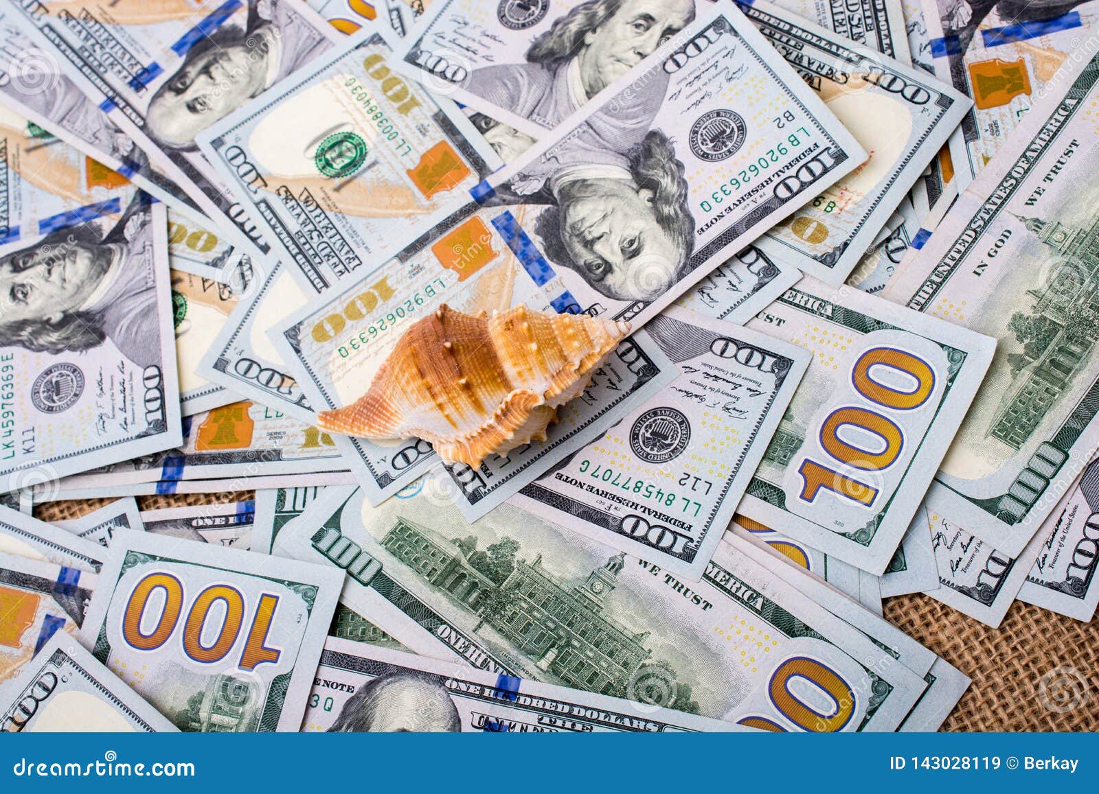 Sea Shell on Spread US Dollar Banknotes Stock Image - Image of savings ...