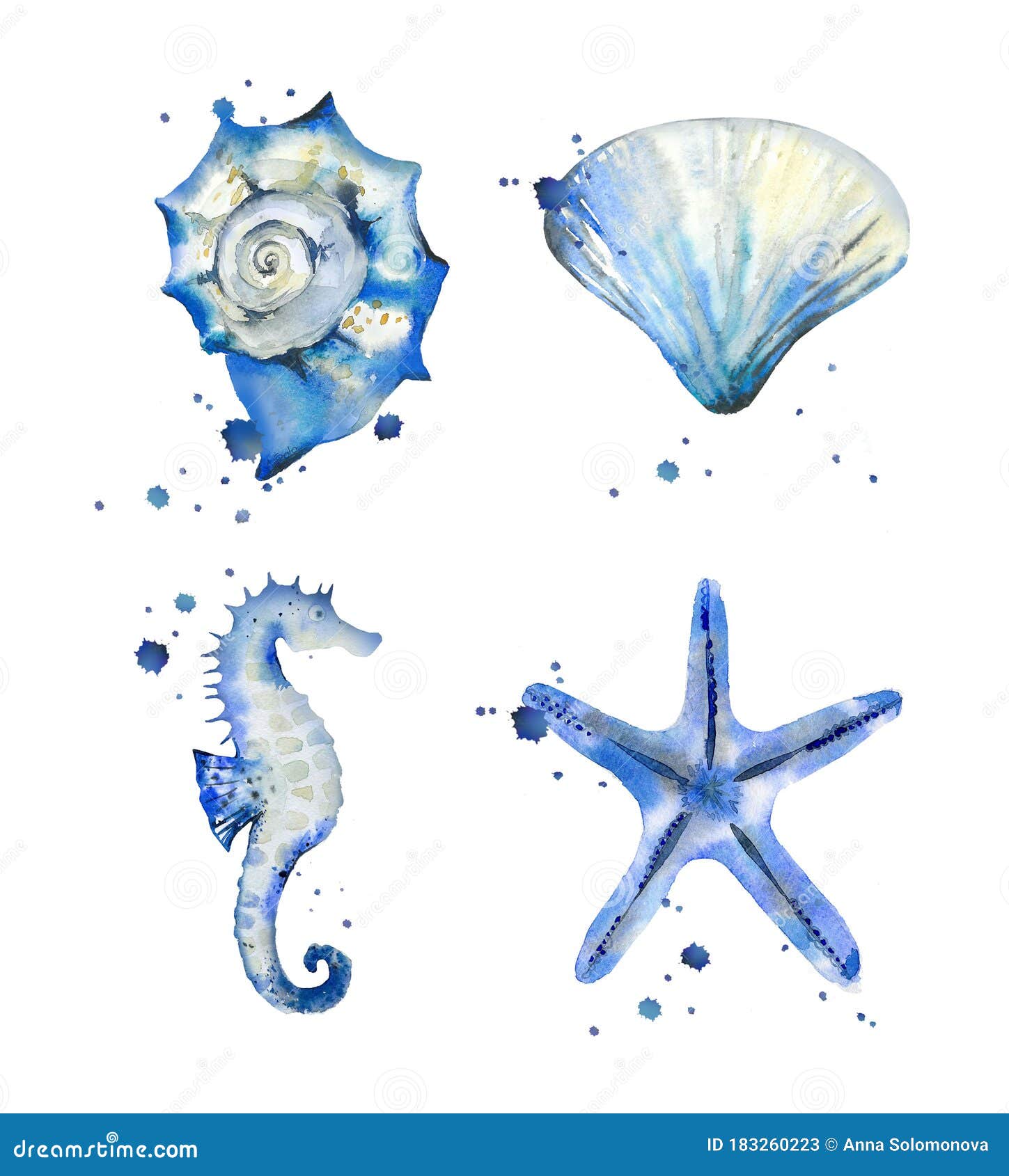 Sea Shell and Under Water Objects. Ocean Creatures Set. Watercolor ...