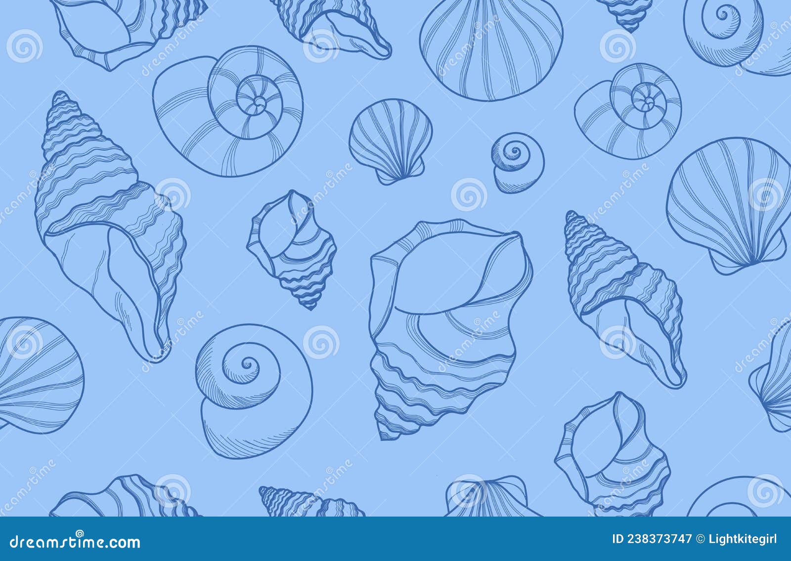 Sea Shells Blue Line Seamless Pattern. Pastel Aqua Vector Background ...