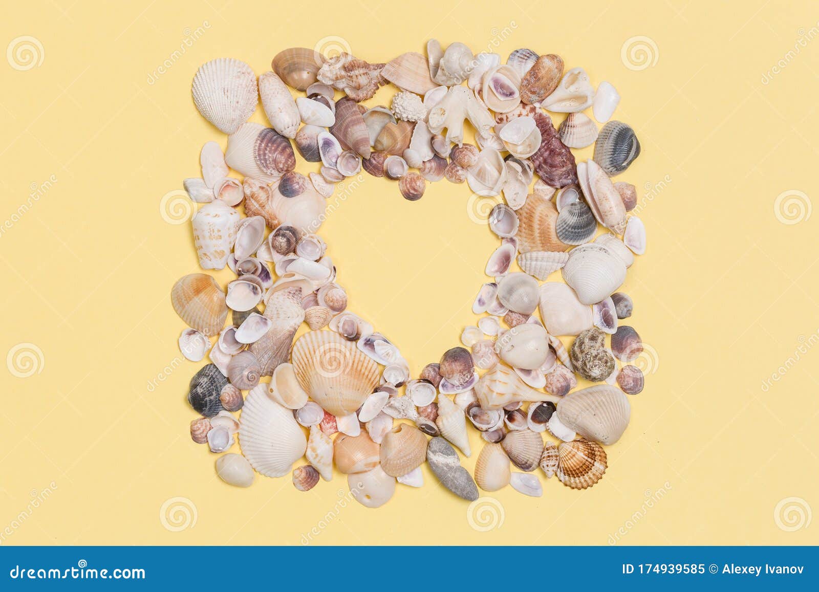 Sea Shells Frame with Space for Text on Yeallow Background Stock Image ...