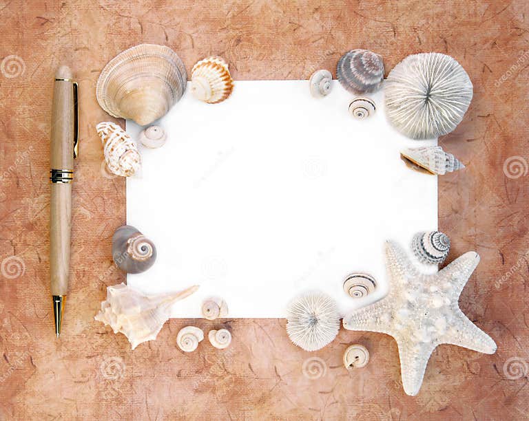 Sea Shells with Note Paper and Pen Stock Photo - Image of write ...
