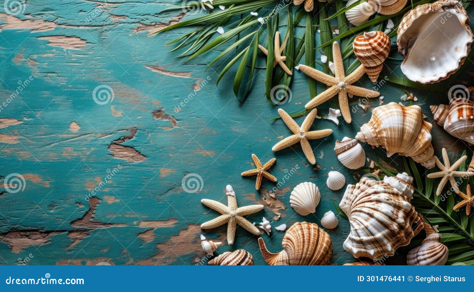Sea Shells and Palm Leaves on a Blue Table, AI Stock Image - Image of ...