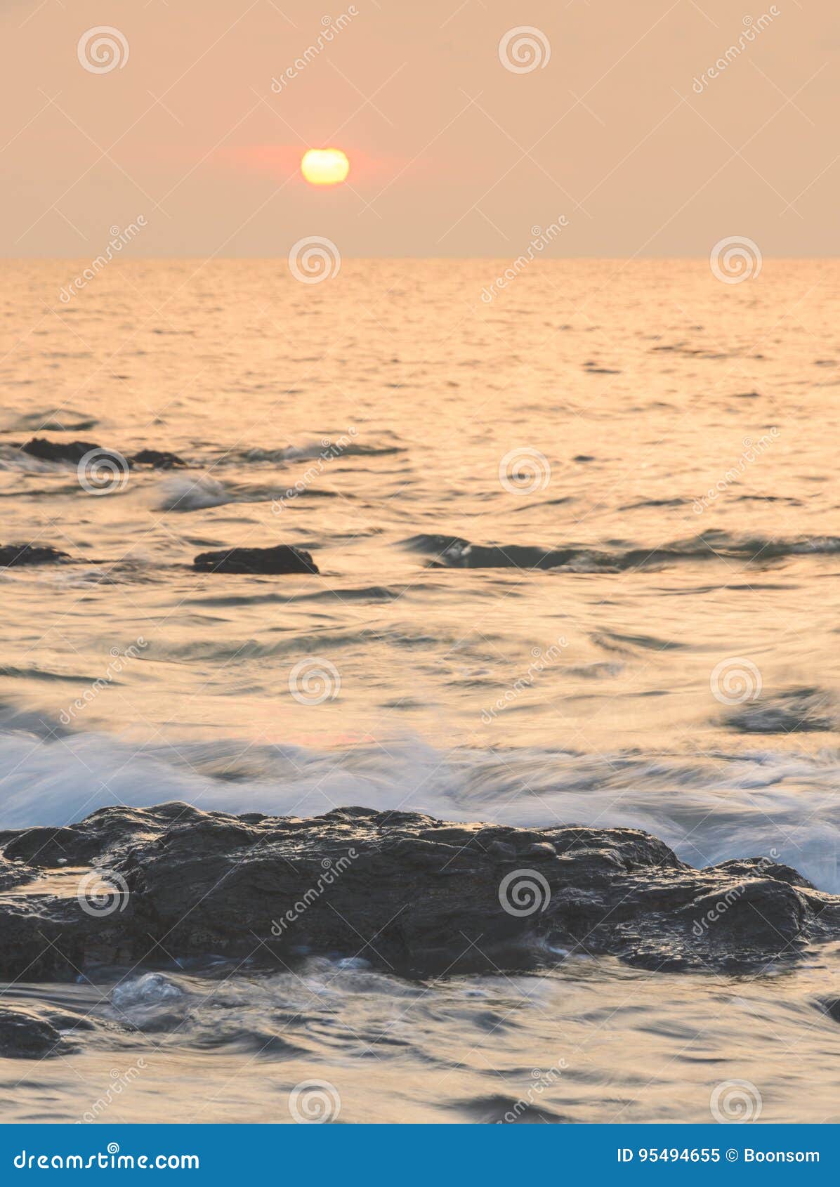 Sea Sunrise with Rock on Beach Stock Image - Image of colorful, nature ...