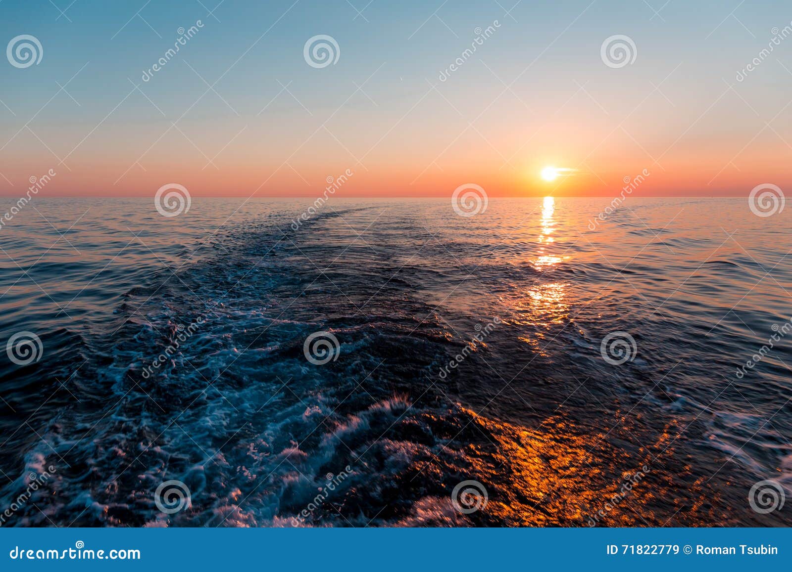 Sea sunset with ship trace stock image. Image of nautical - 71822779