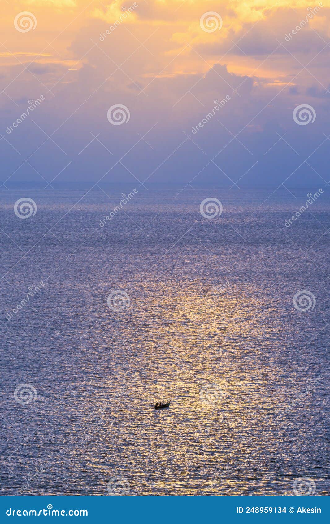 Sea during Sunset with Silhouette Small Boat Stock Photo - Image of ...