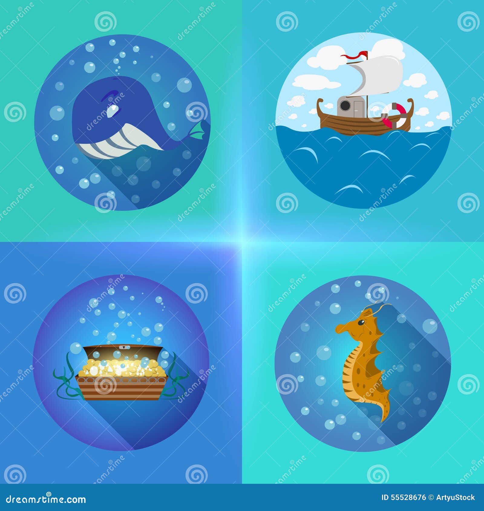 Sea theme flat icons stock vector. Illustration of bubbles - 55528676
