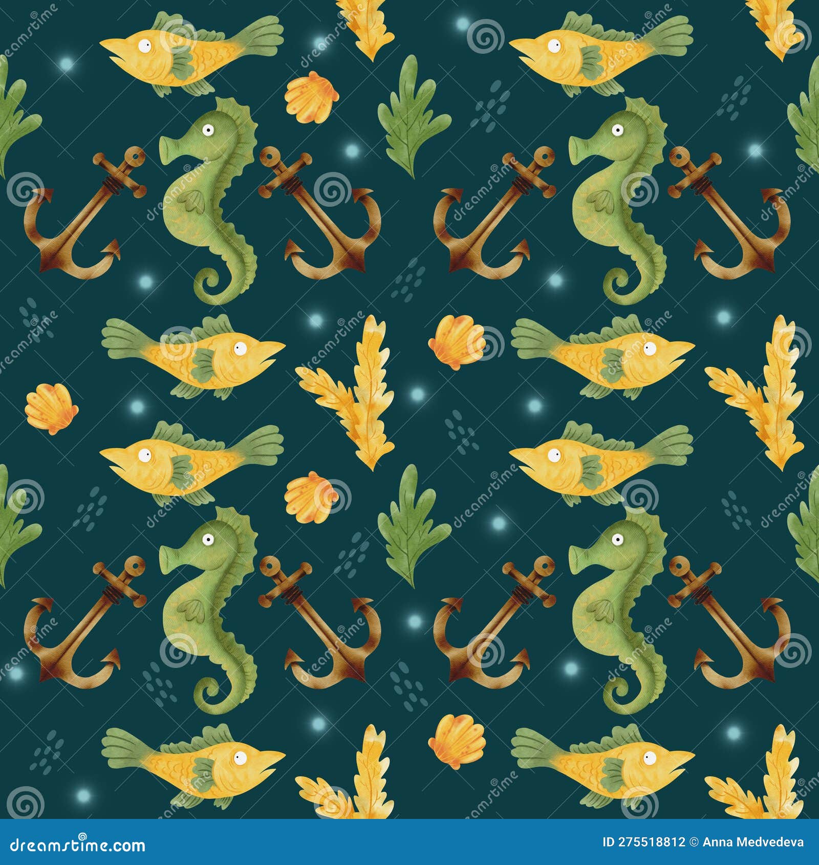 Sea Theme Pattern with a Seahorse Stock Illustration - Illustration of ...