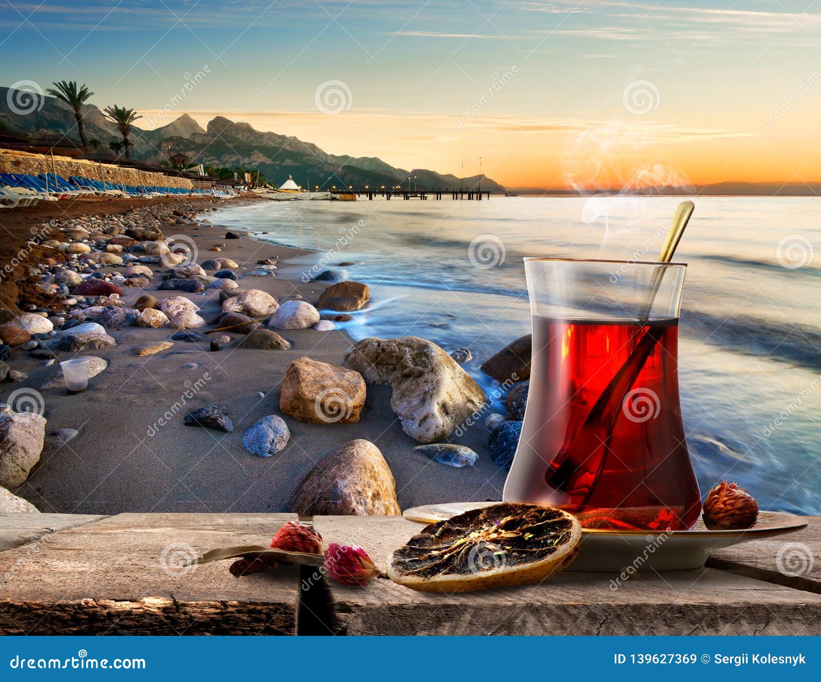 Sea and turkish tea stock image. Image of evening, lemon - 139627369