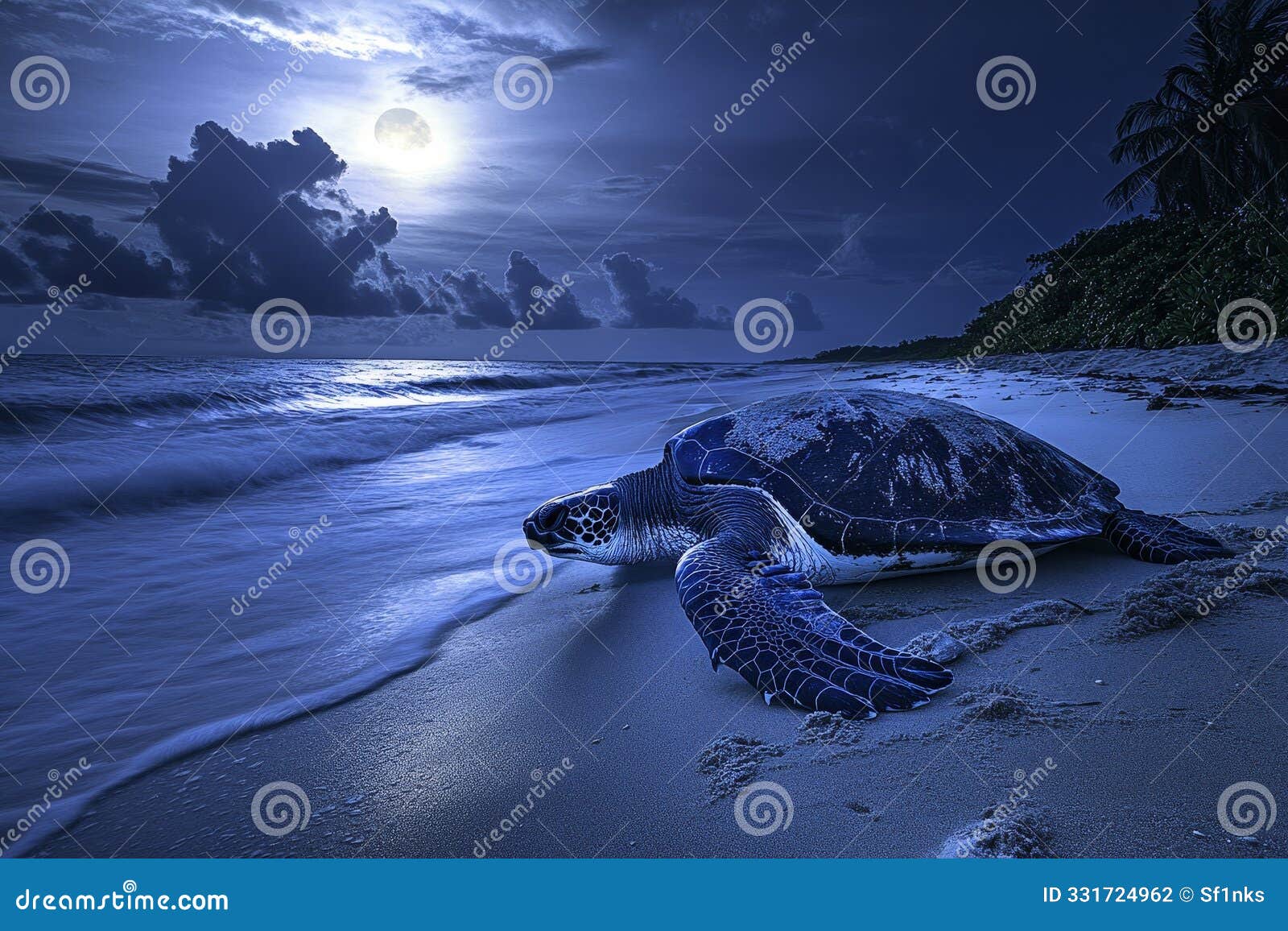 A Sea Turtle Basks in the Moonlight on a Tropical Beach, with Gentle ...